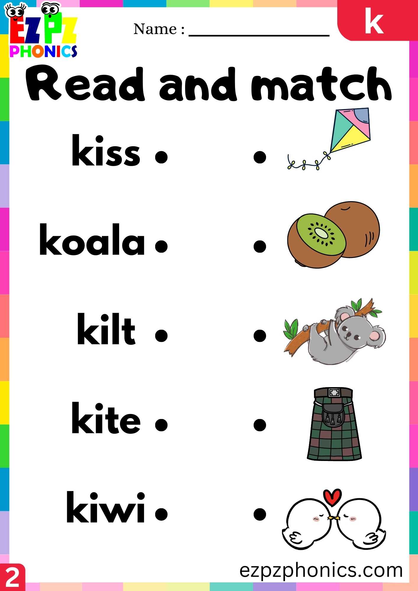Group2 Letter K Read And Match Beginning Sounds Worksheet - ezpzphonics.com