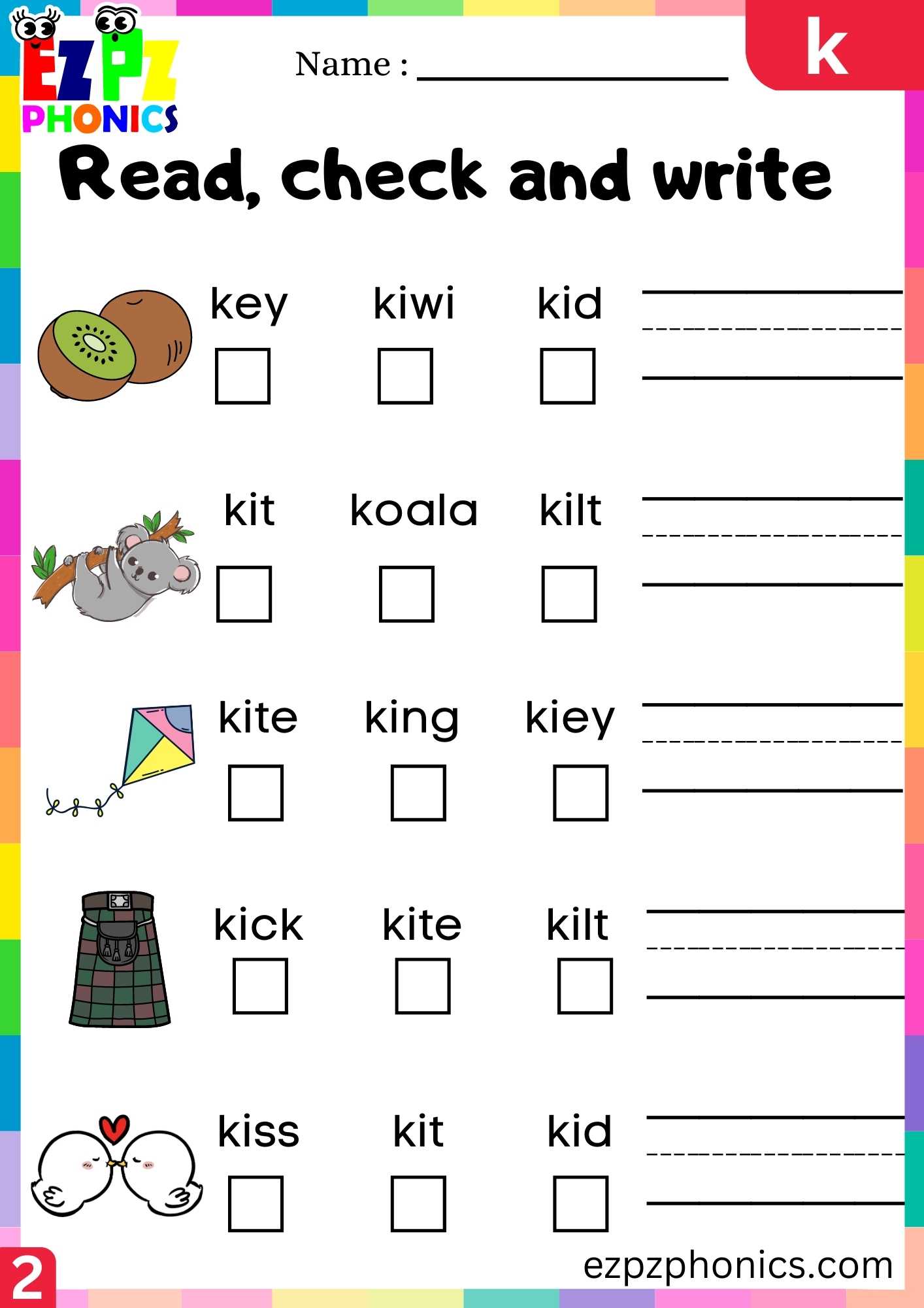 Group2 Letter K Read, Check And Write Beginning Sounds Worksheet ...