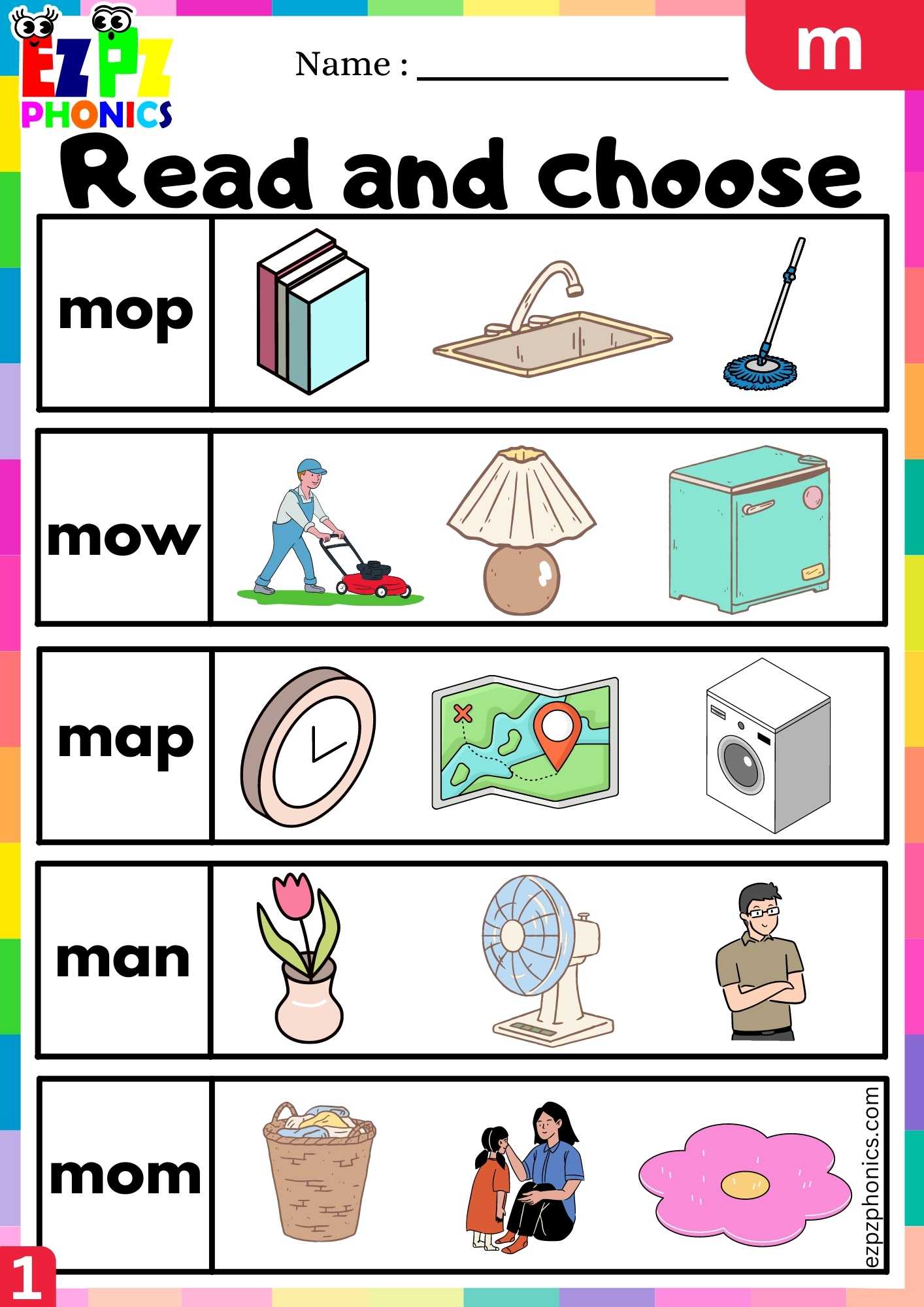 Letter M Read And Choose Beginning Sounds Worksheet - ezpzphonics.com