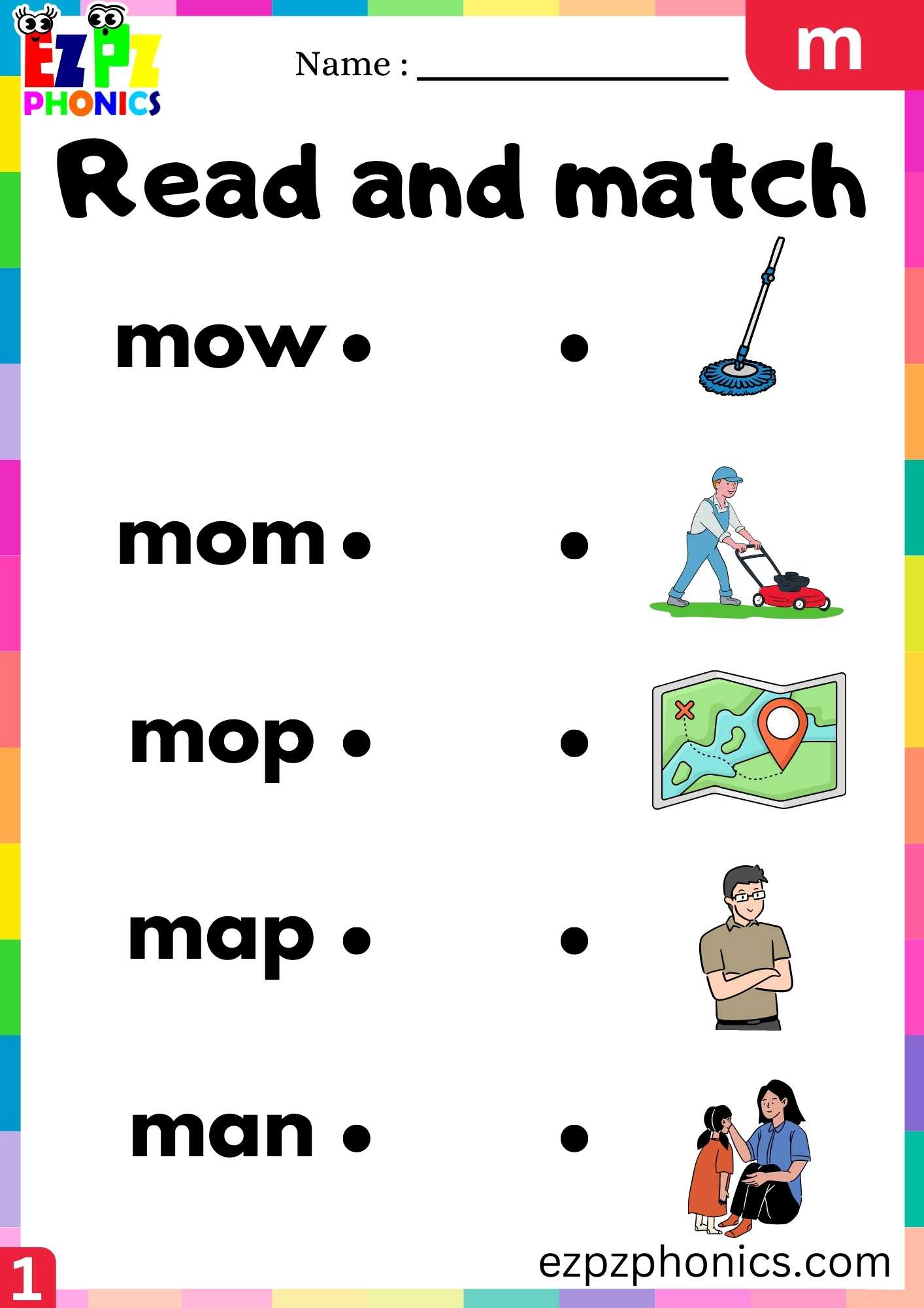 Letter M Read And Match Beginning Sounds Worksheet - ezpzphonics.com