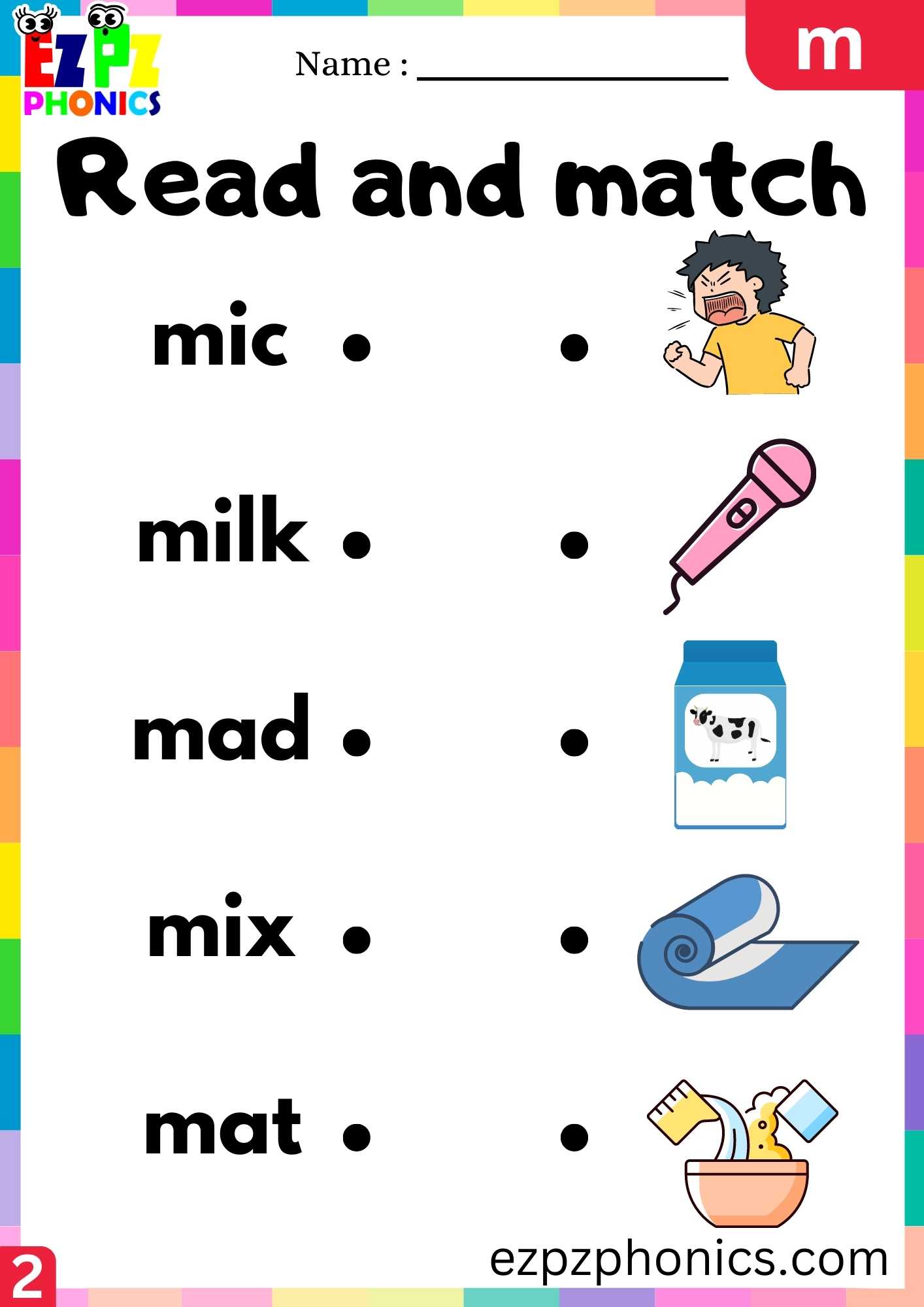 Group2 Letter M Read And Match Beginning Sounds Worksheet - ezpzphonics.com