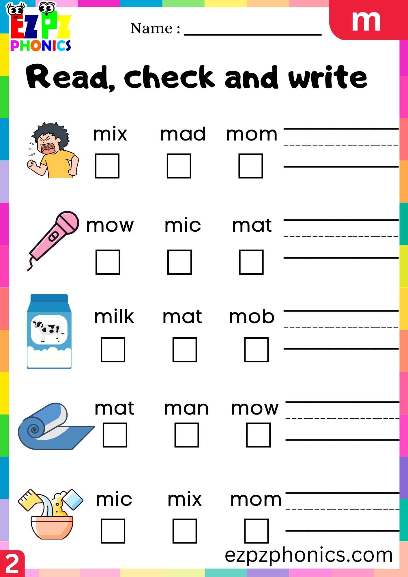 Group2 Letter M Read, Check And Write Beginning Sounds Worksheet ...