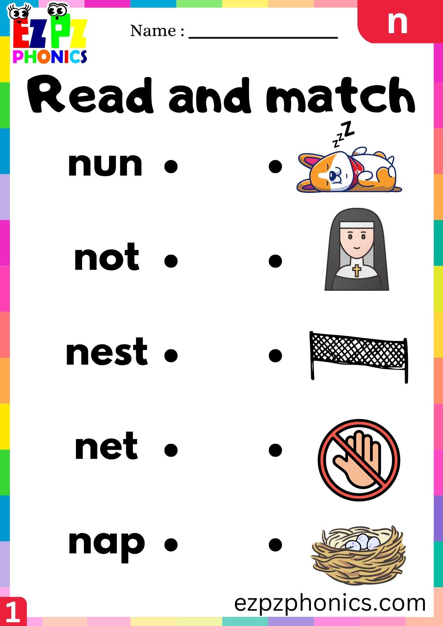 Letter N Read And Match Beginning Sounds Worksheet - ezpzphonics.com
