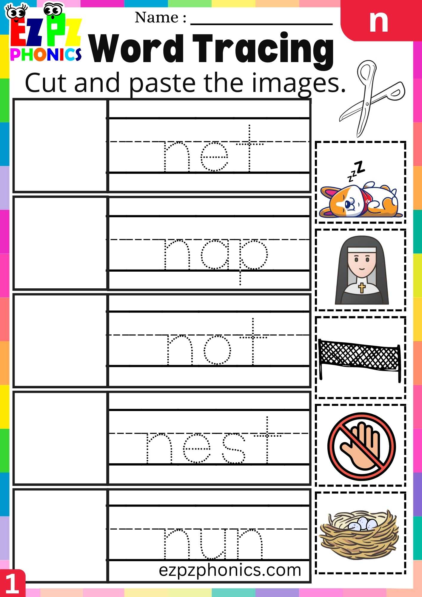 Letter N Word Tracing Beginning Sounds Worksheet - ezpzphonics.com