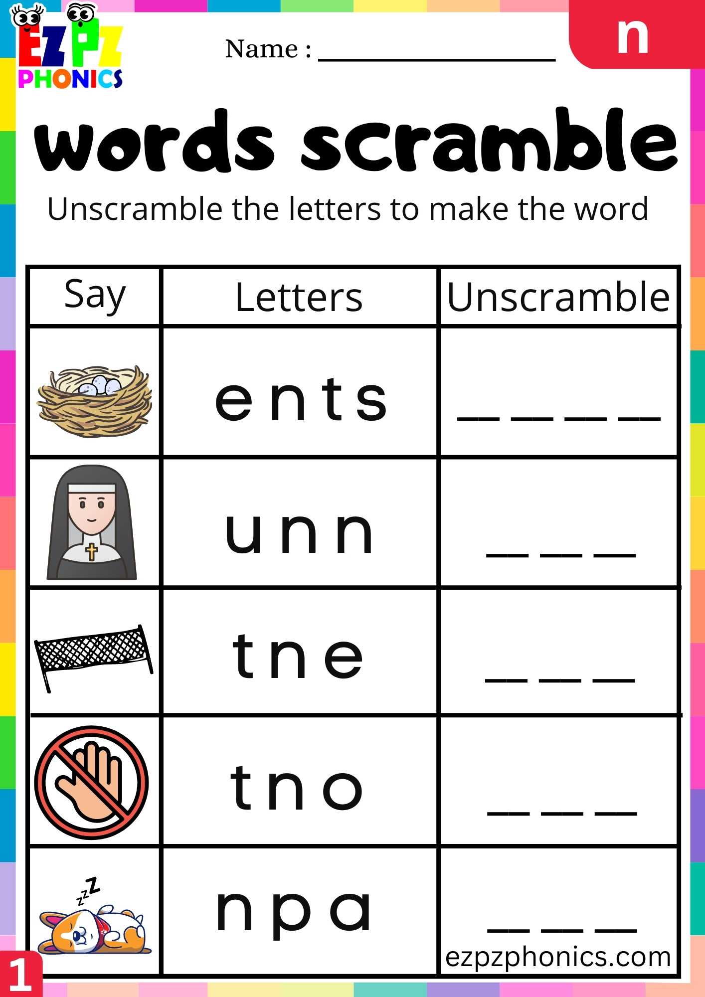Letter N Words Scramble Beginning Sounds Worksheet - ezpzphonics.com