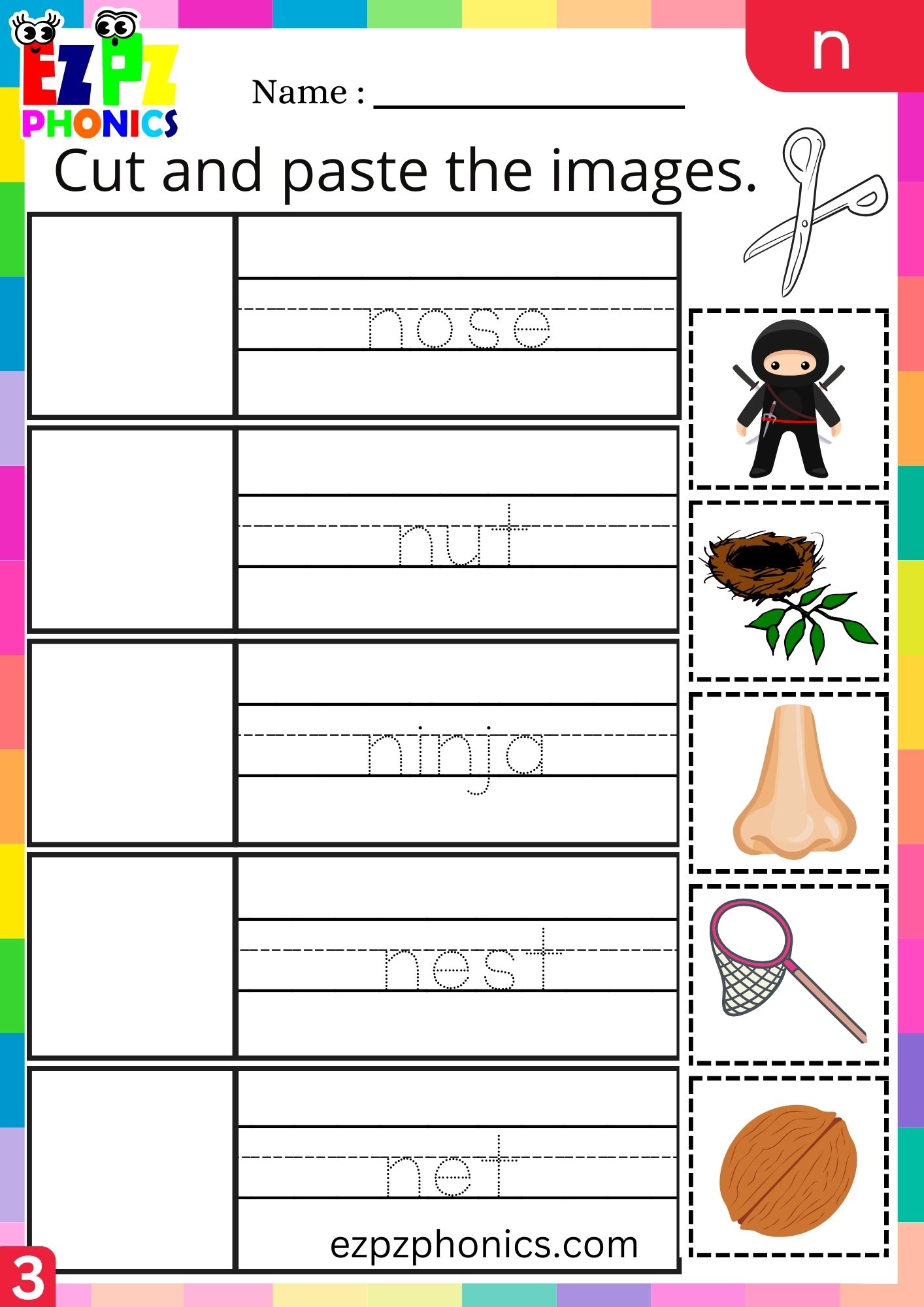 Letter n Cut and Paste the Images and Write the Words Group 3 ...