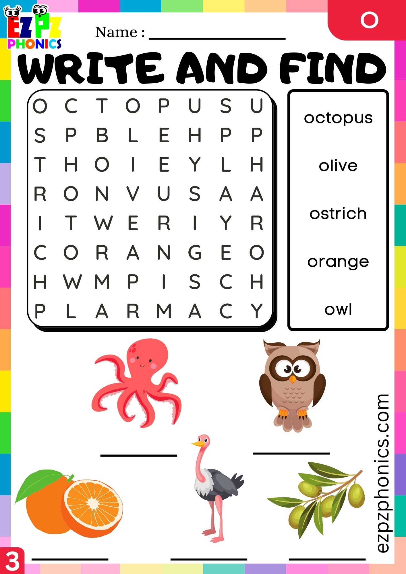Letter o Word Search Write and Find the Words Group 3 - ezpzphonics.com