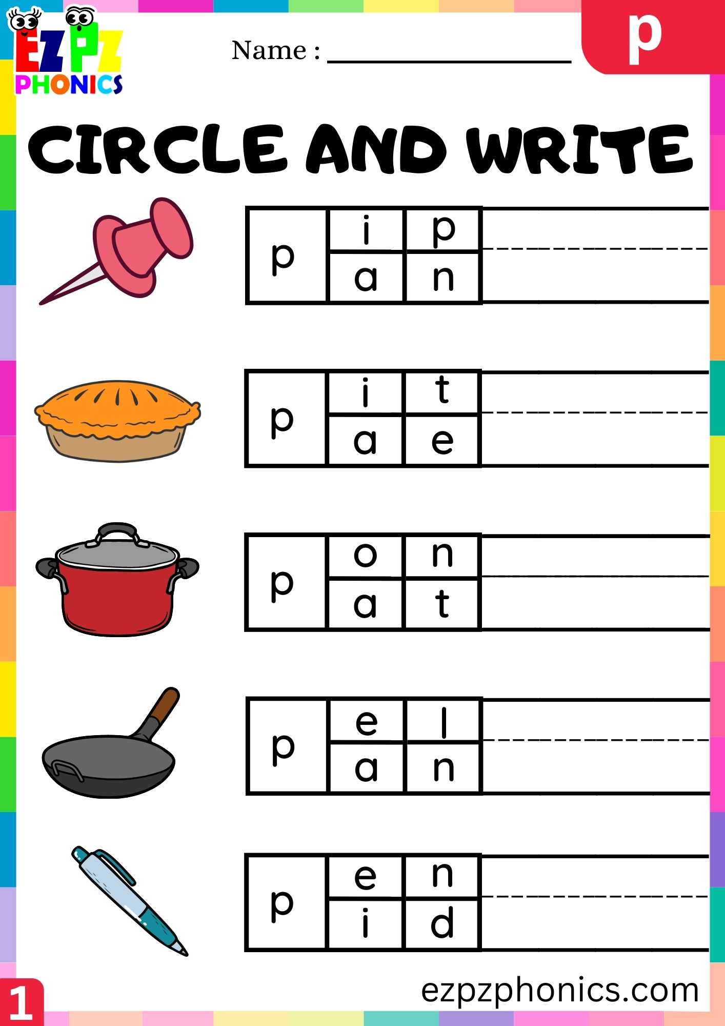 Letter P Circle And Write Beginning Sounds Worksheet - ezpzphonics.com