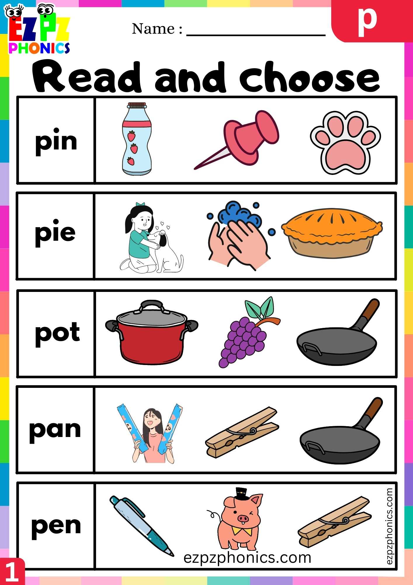 Letter P Read And Choose Beginning Sounds Worksheet - ezpzphonics.com