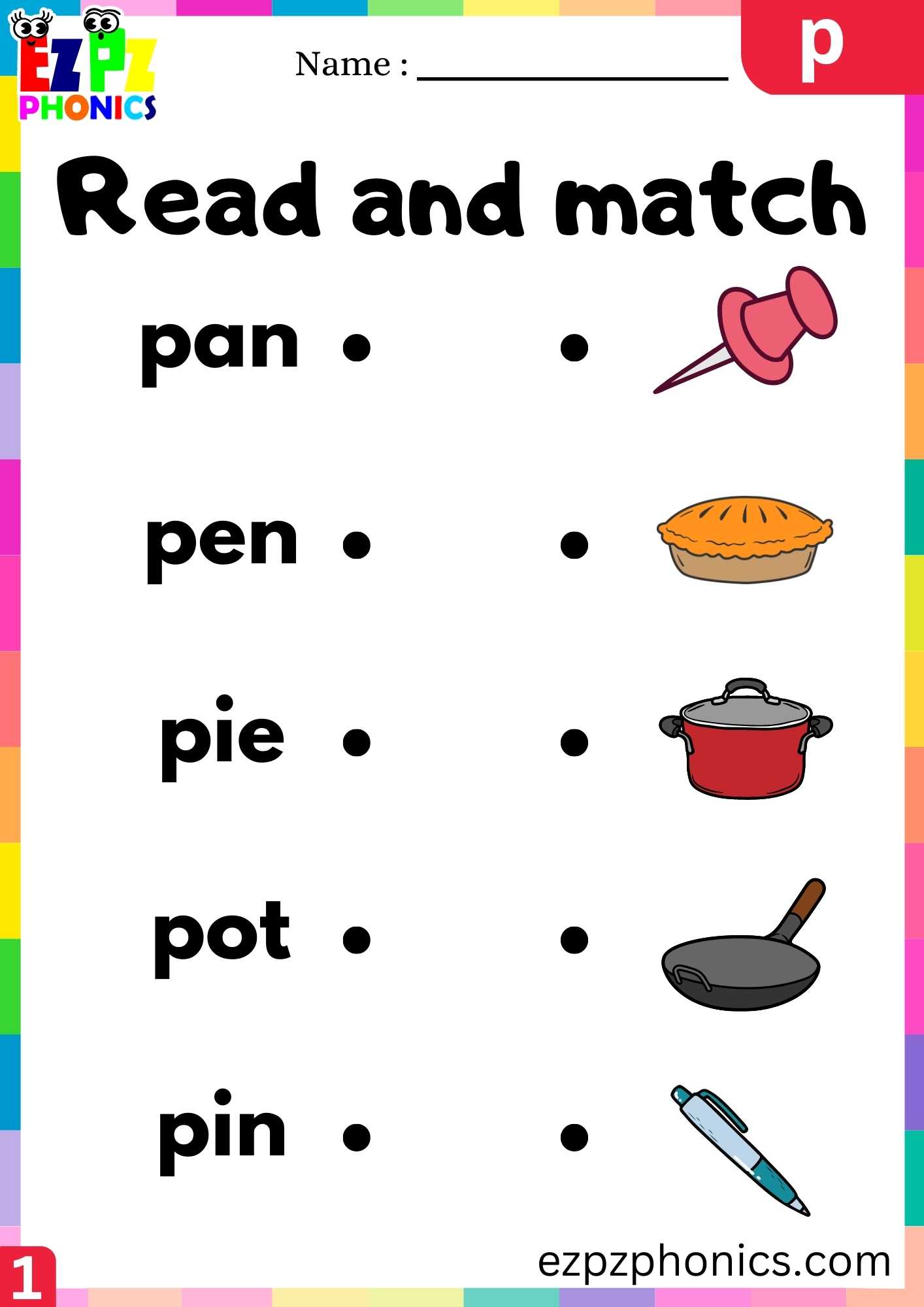 Letter P Read And Match Beginning Sounds Worksheet - ezpzphonics.com