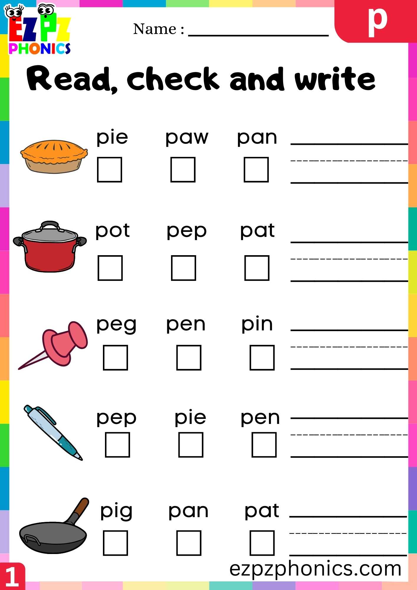 Letter P Read, Check And Write Beginning Sounds Worksheet - ezpzphonics.com