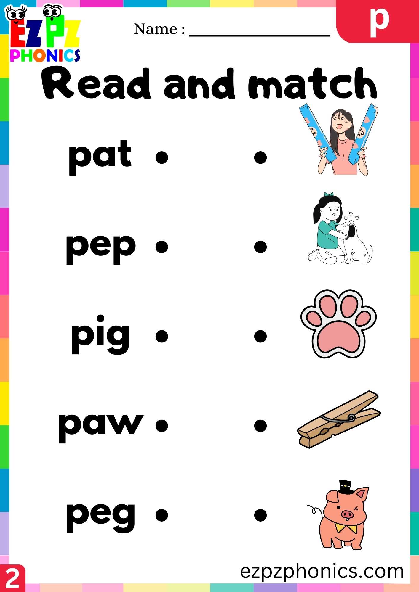 Group2 Letter P Read And Match Beginning Sounds Worksheet - ezpzphonics.com
