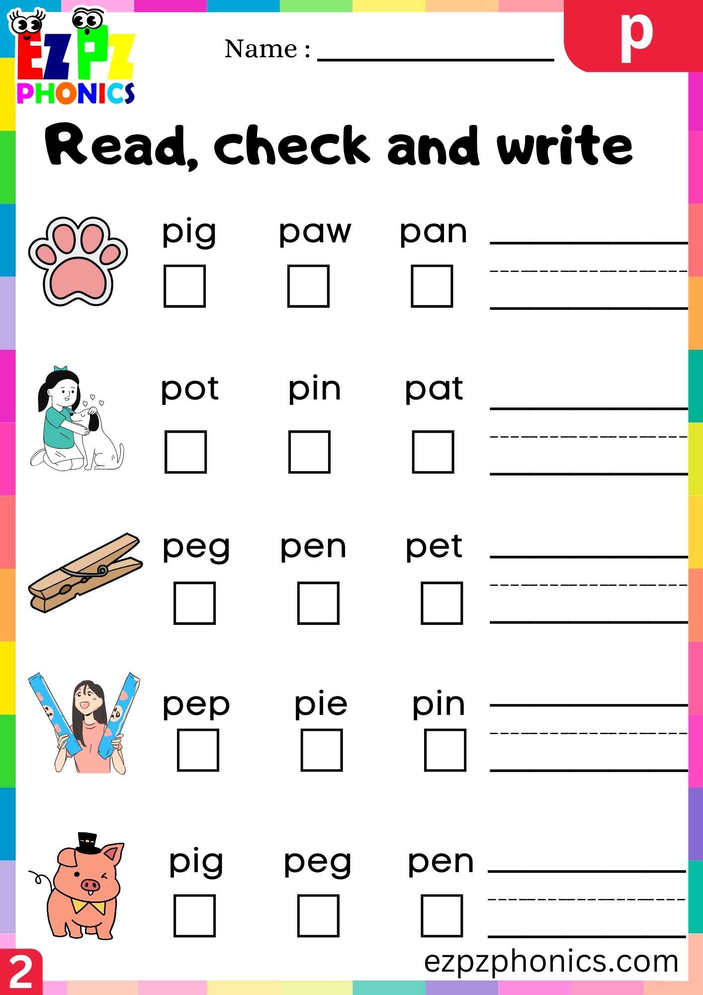 Group2 Letter P Read, Check And Write Beginning Sounds Worksheet ...