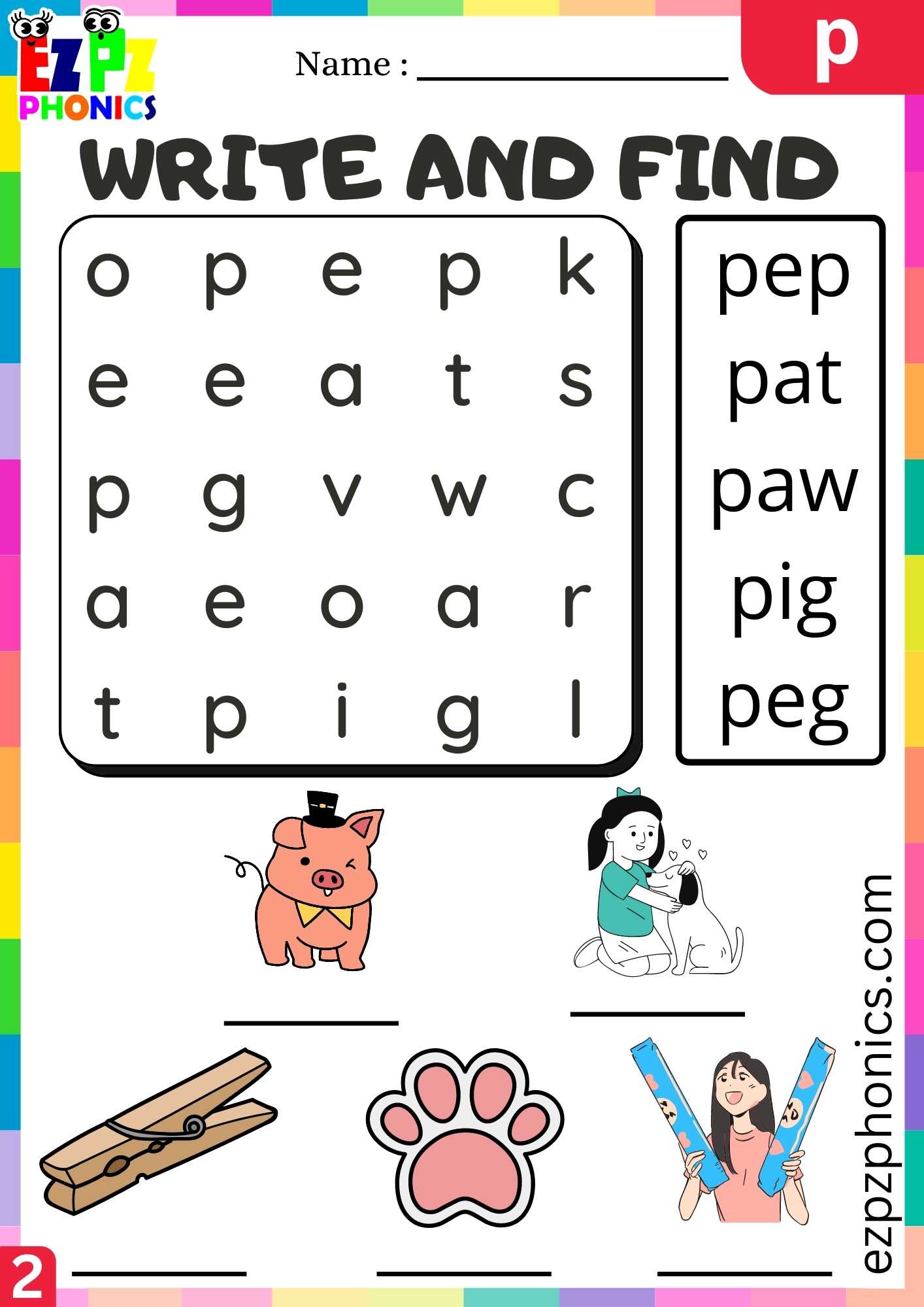 Group2 Letter P Write And Find Beginning Sounds Worksheet - ezpzphonics.com