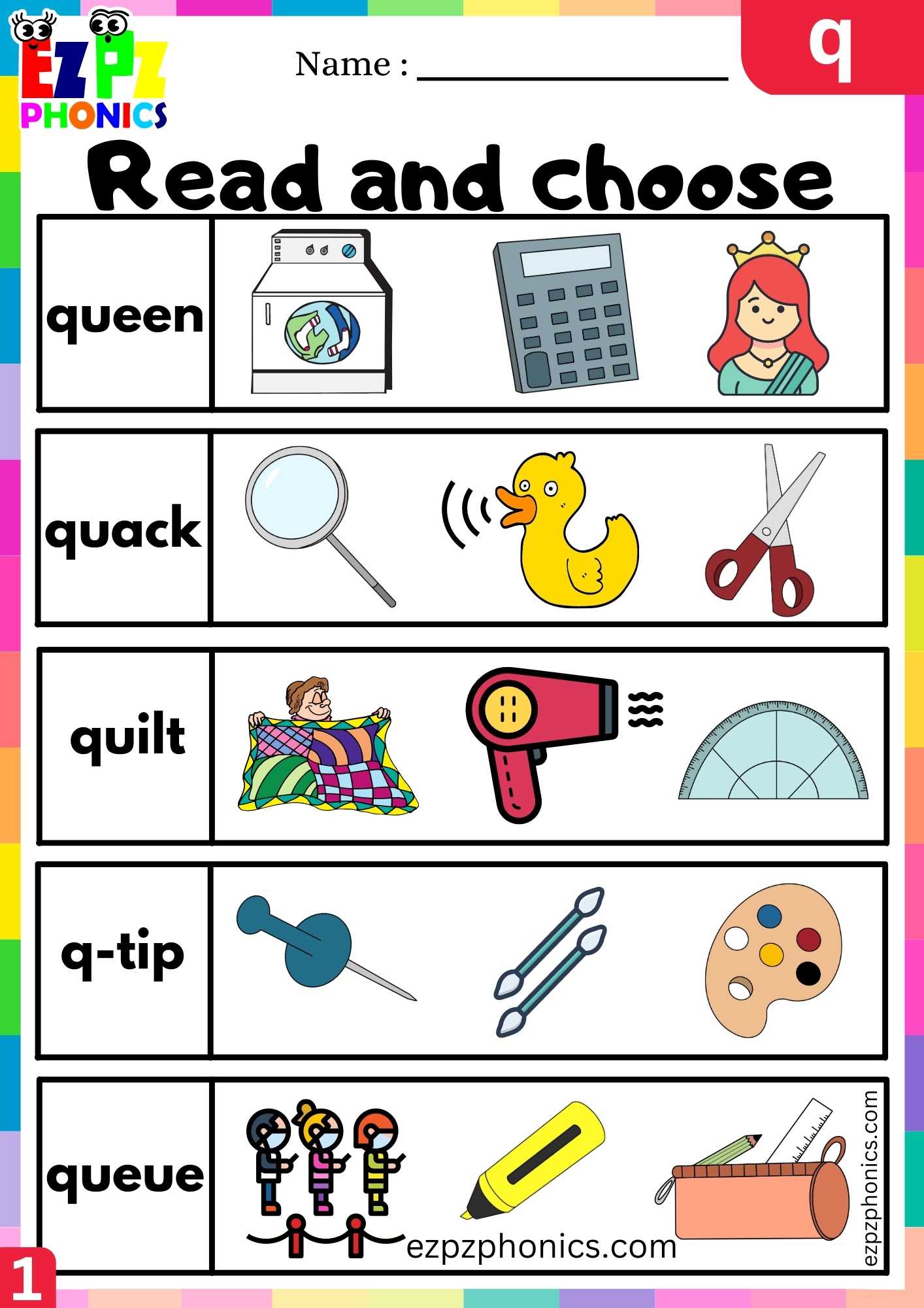 Letter Q Read And Choose Beginning Sounds Worksheet - ezpzphonics.com