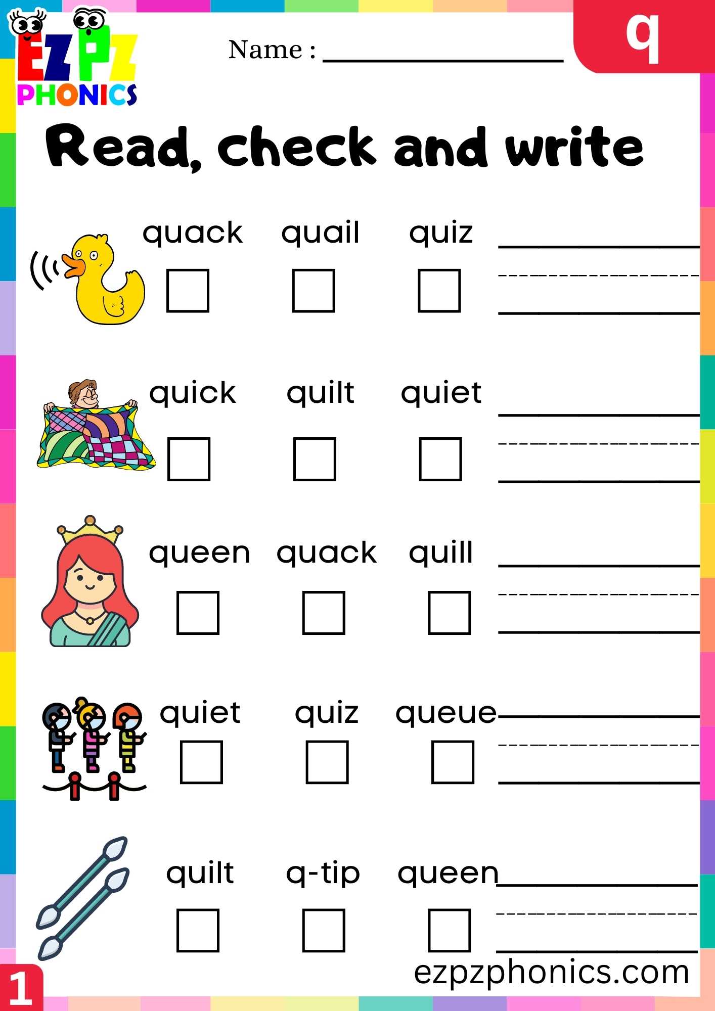 Letter Q Read, Check And Write Beginning Sounds Worksheet - ezpzphonics.com