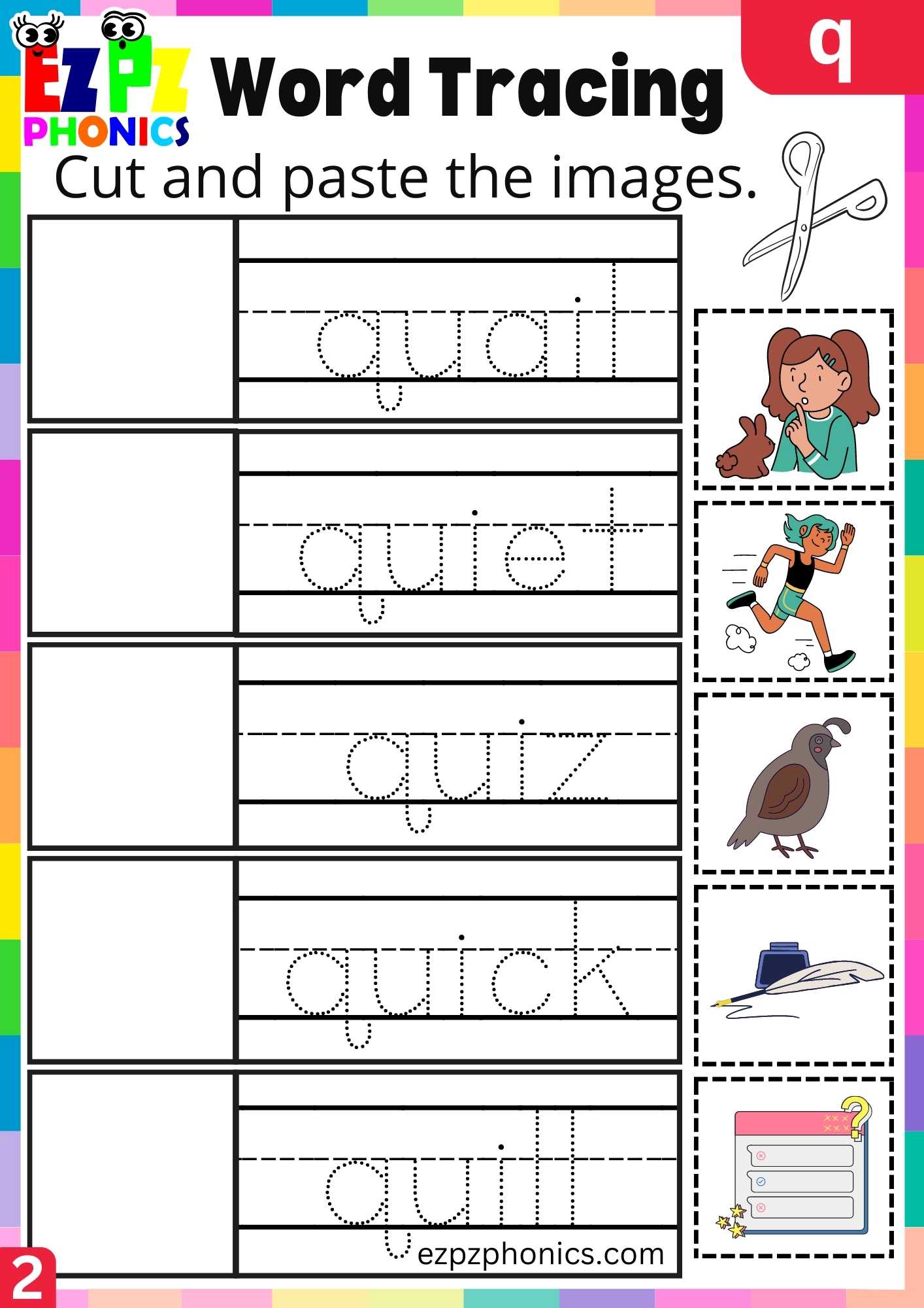 Group2 Letter Q Word Tracing Beginning Sounds Worksheet - ezpzphonics.com
