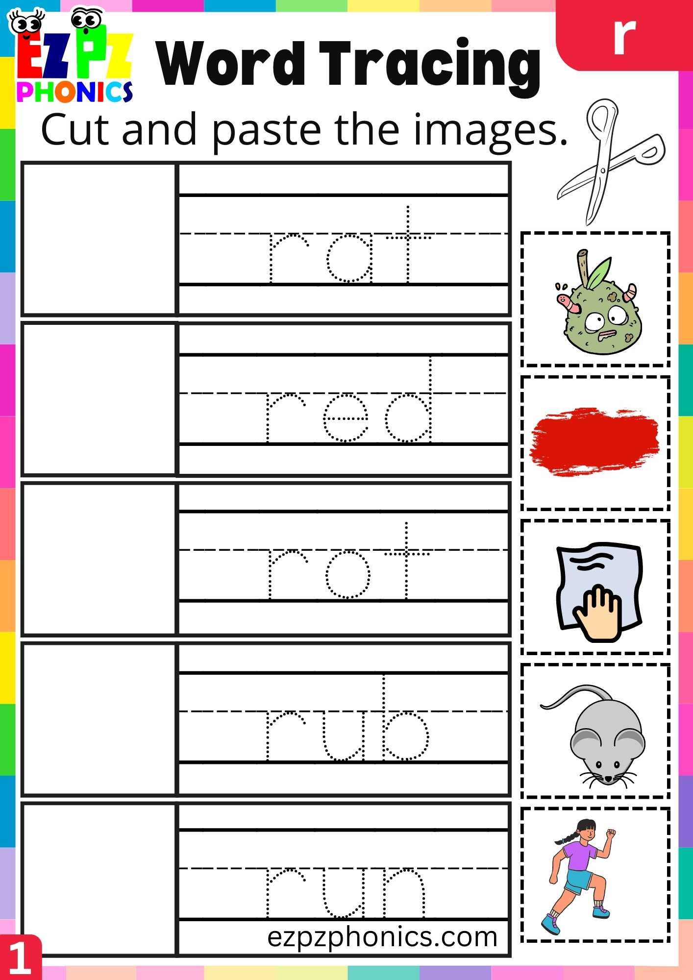 Letter R Word Tracing Beginning Sounds Worksheet - ezpzphonics.com