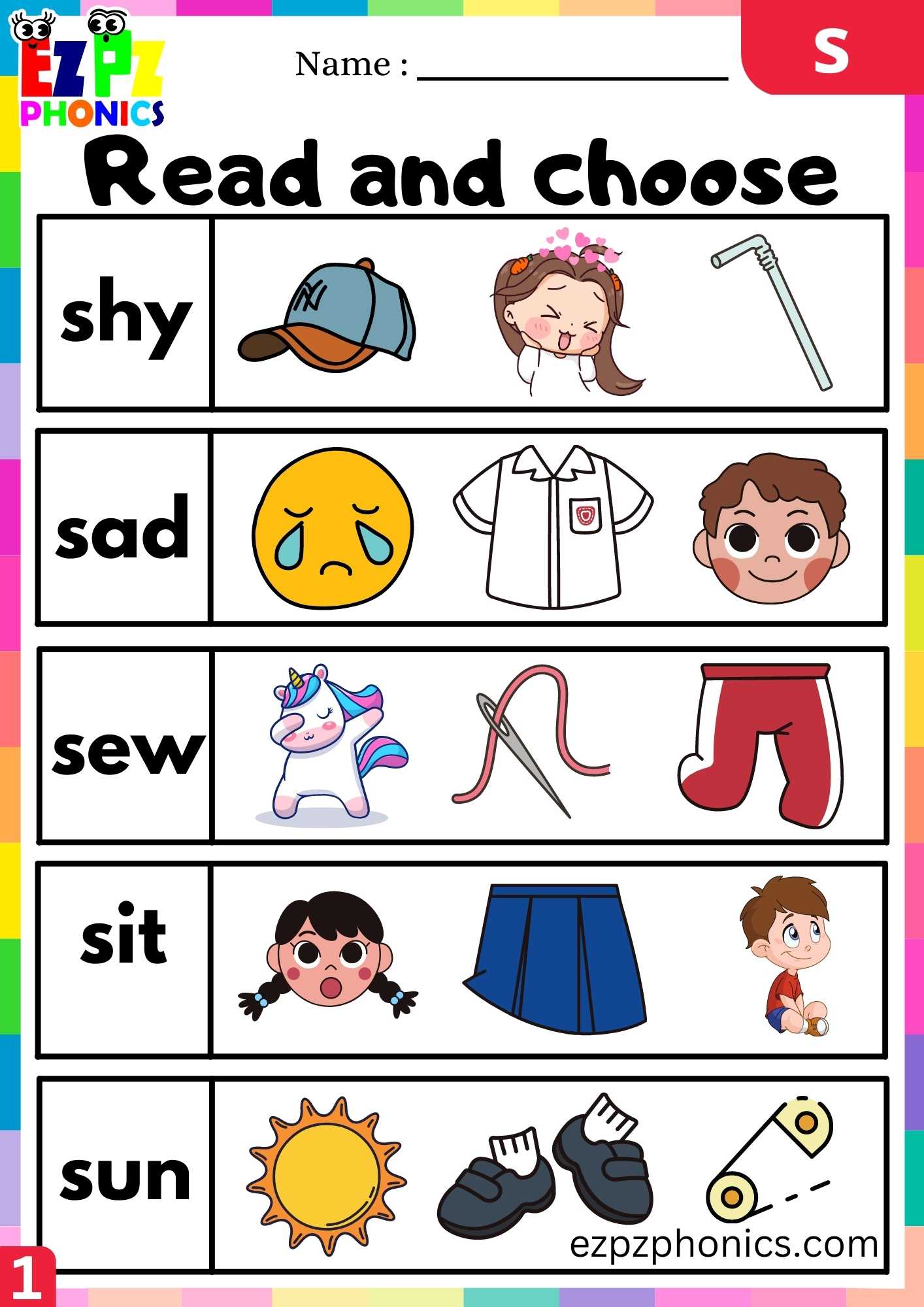 Letter S Read And Choose Beginning Sounds Worksheet - ezpzphonics.com