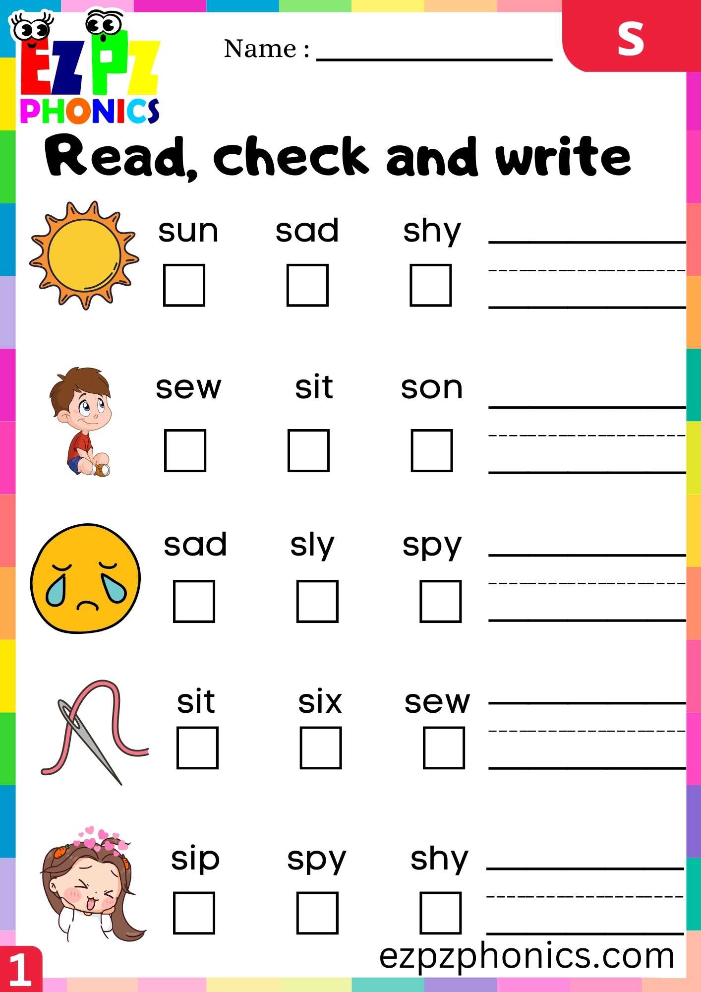 Letter S Read, Check And Write Beginning Sounds Worksheet - ezpzphonics.com