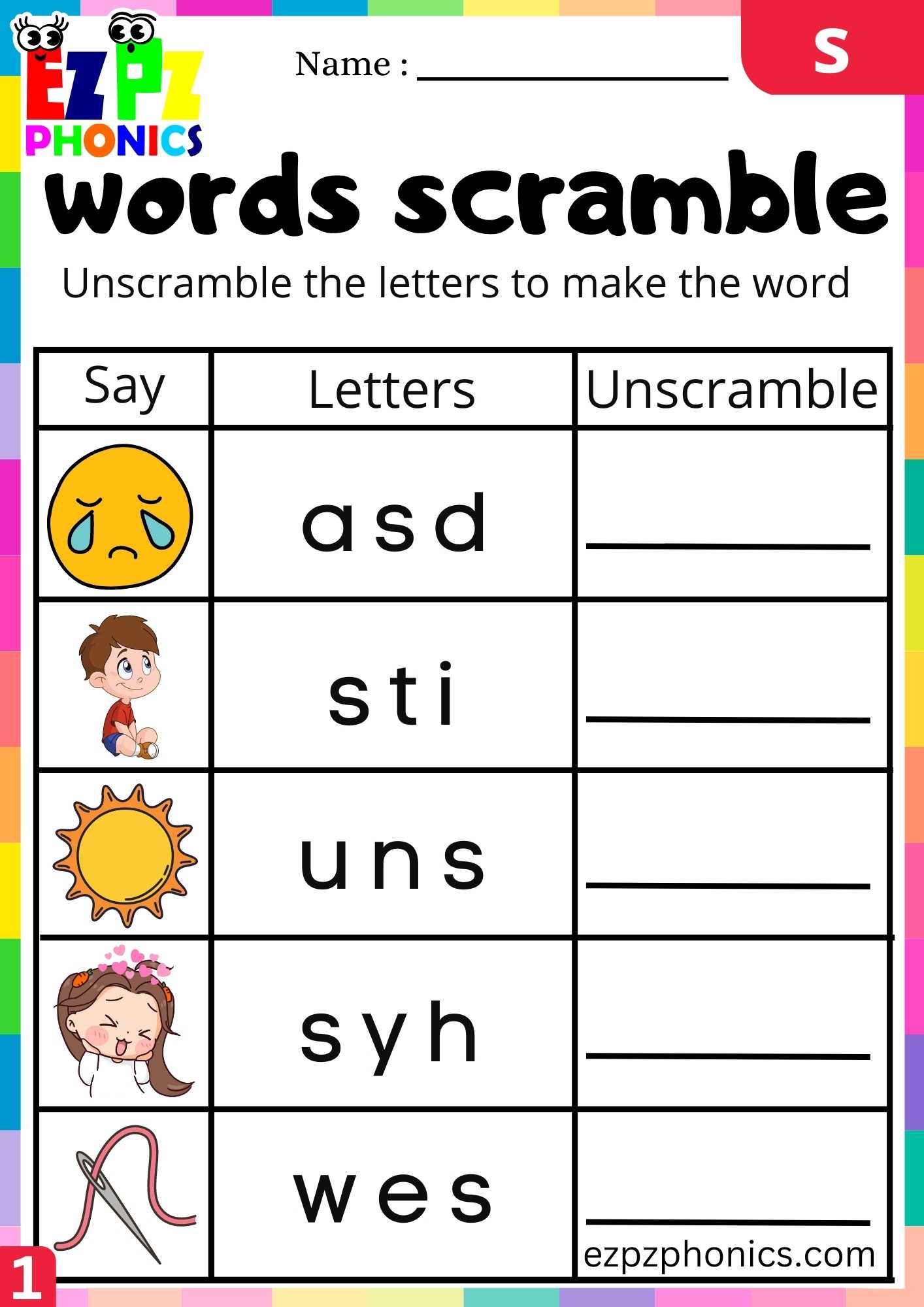 Letter S Words Scramble Beginning Sounds Worksheet - ezpzphonics.com