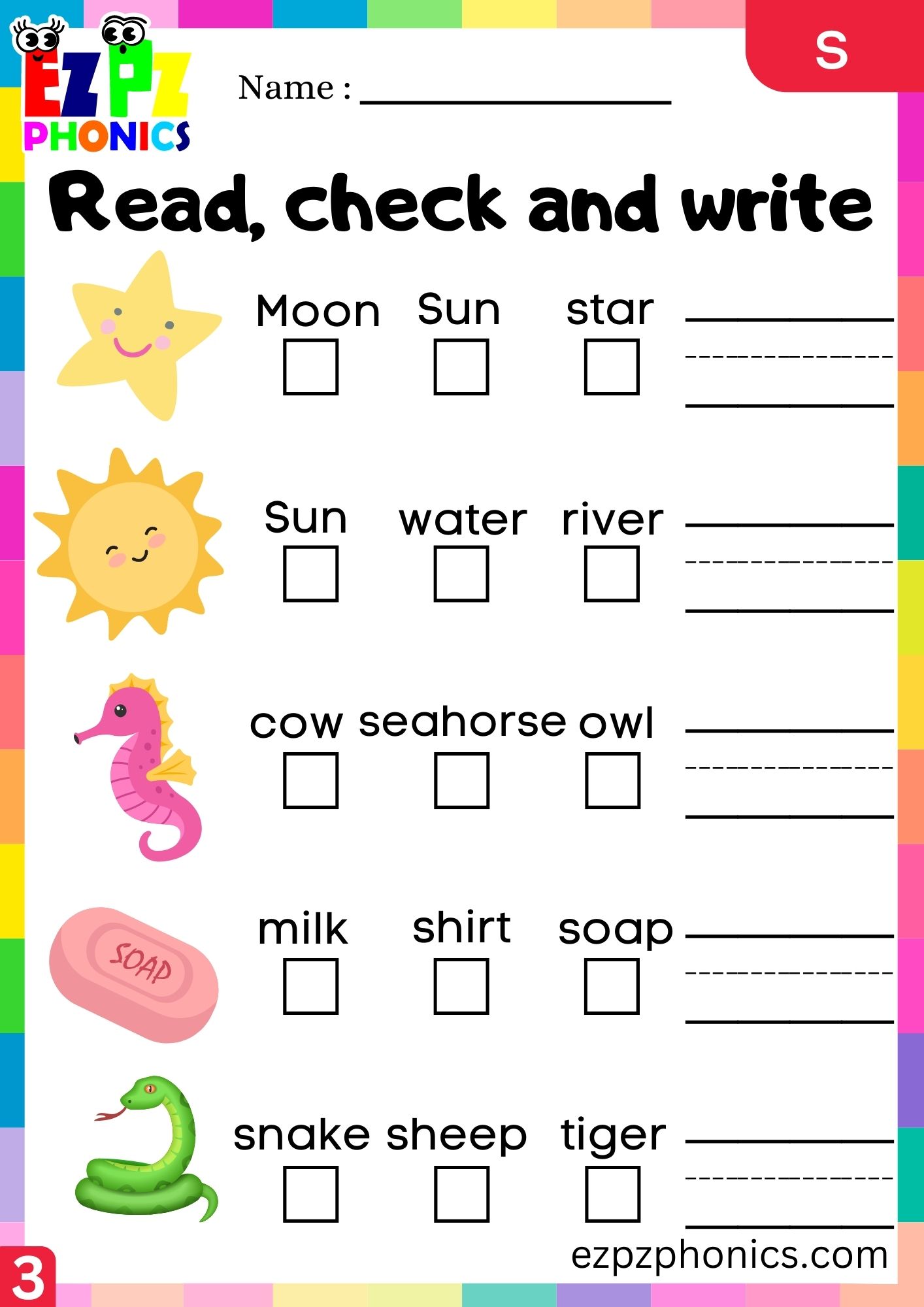 Letter s Read Check and Write the Words Group 3 - ezpzphonics.com