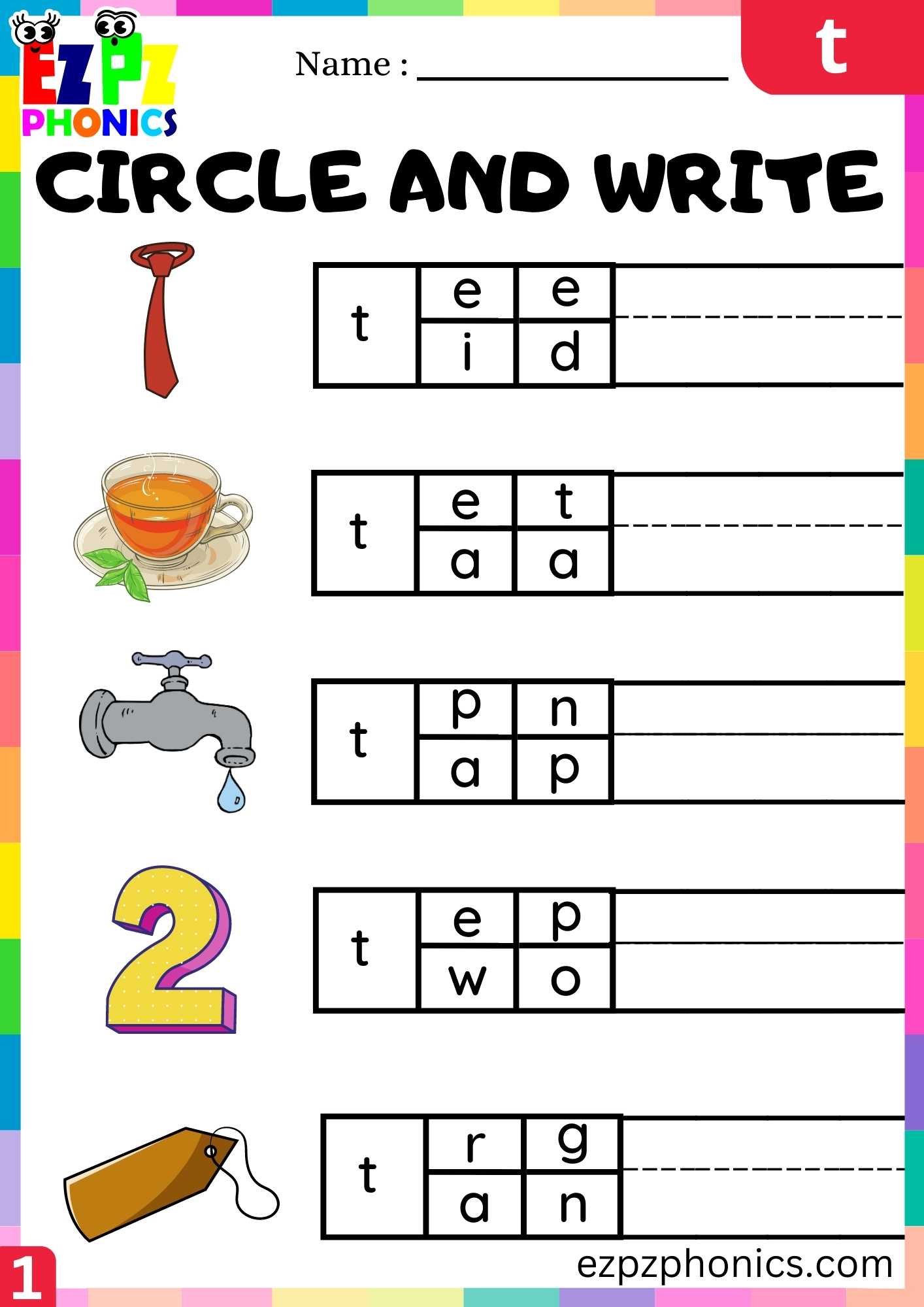 Letter T Circle And Write Beginning Sounds Worksheet - ezpzphonics.com
