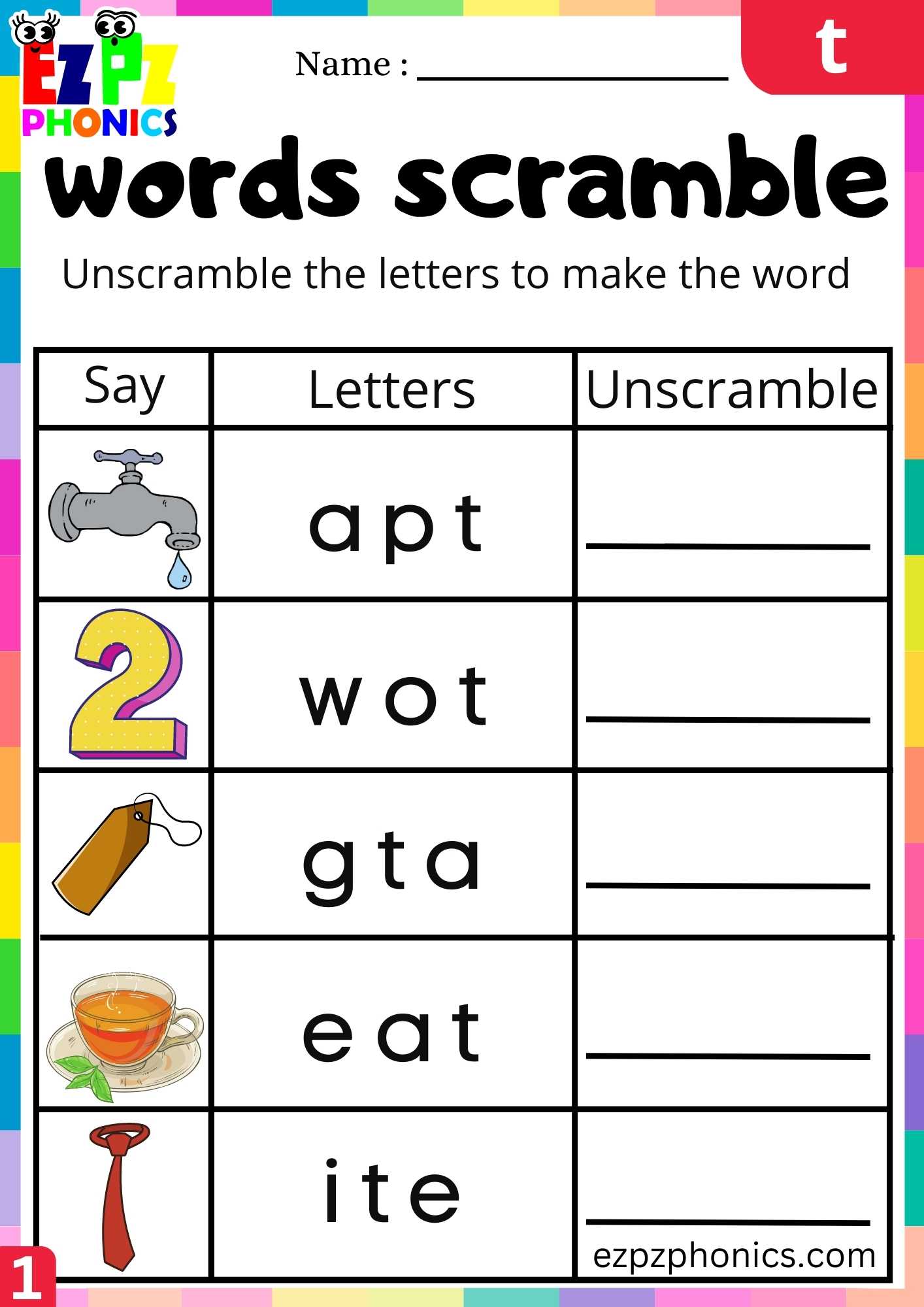 Letter T Words Scramble Beginning Sounds Worksheet - ezpzphonics.com
