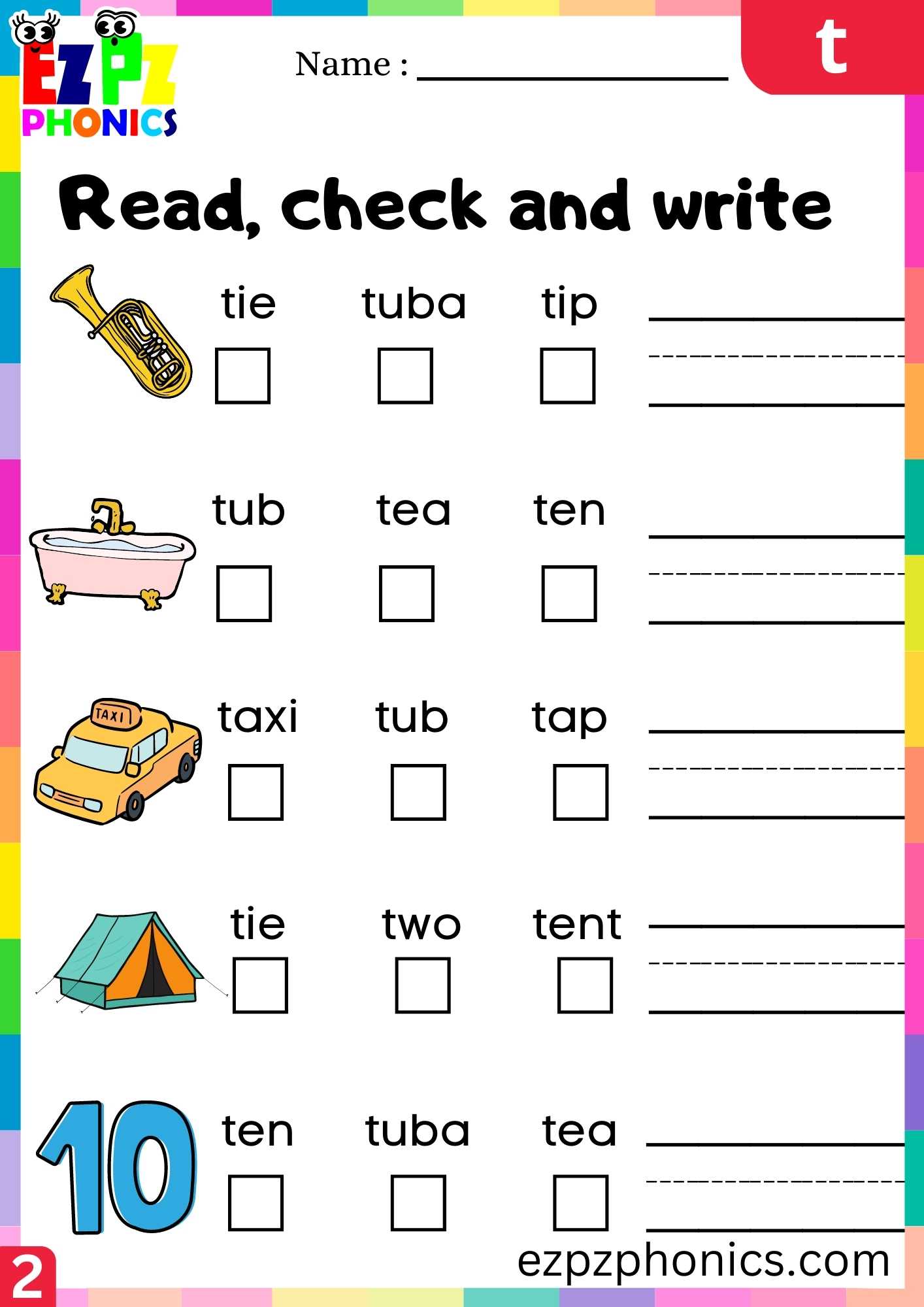 Group2 Letter T Read, Check And Write Beginning Sounds Worksheet ...