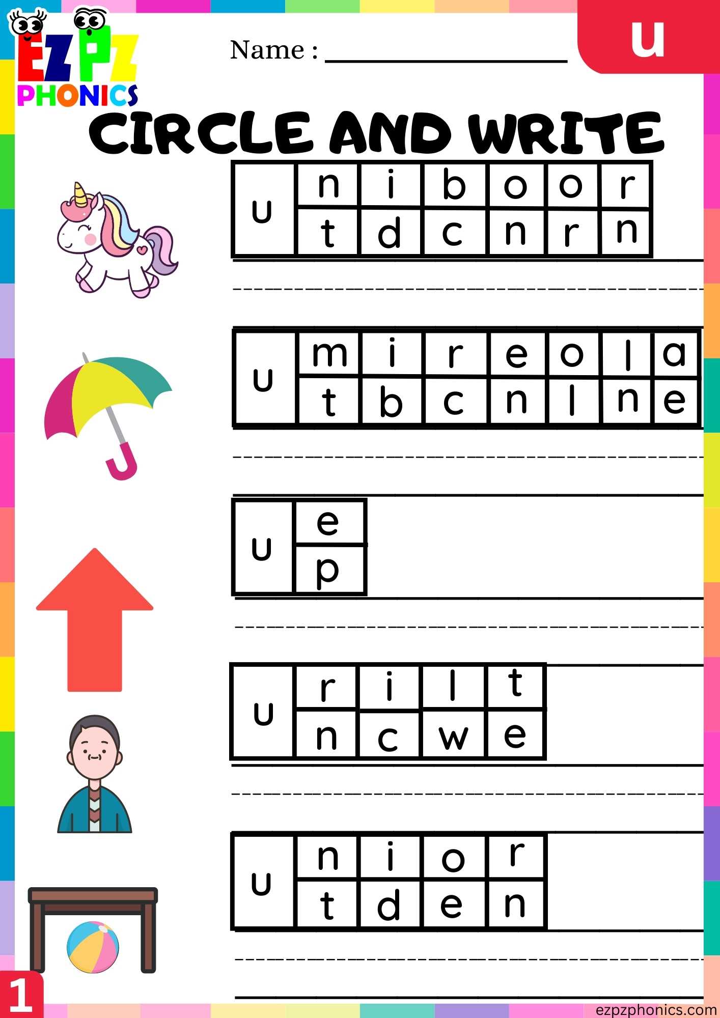 Letter U Circle And Write Beginning Sounds Worksheet - ezpzphonics.com