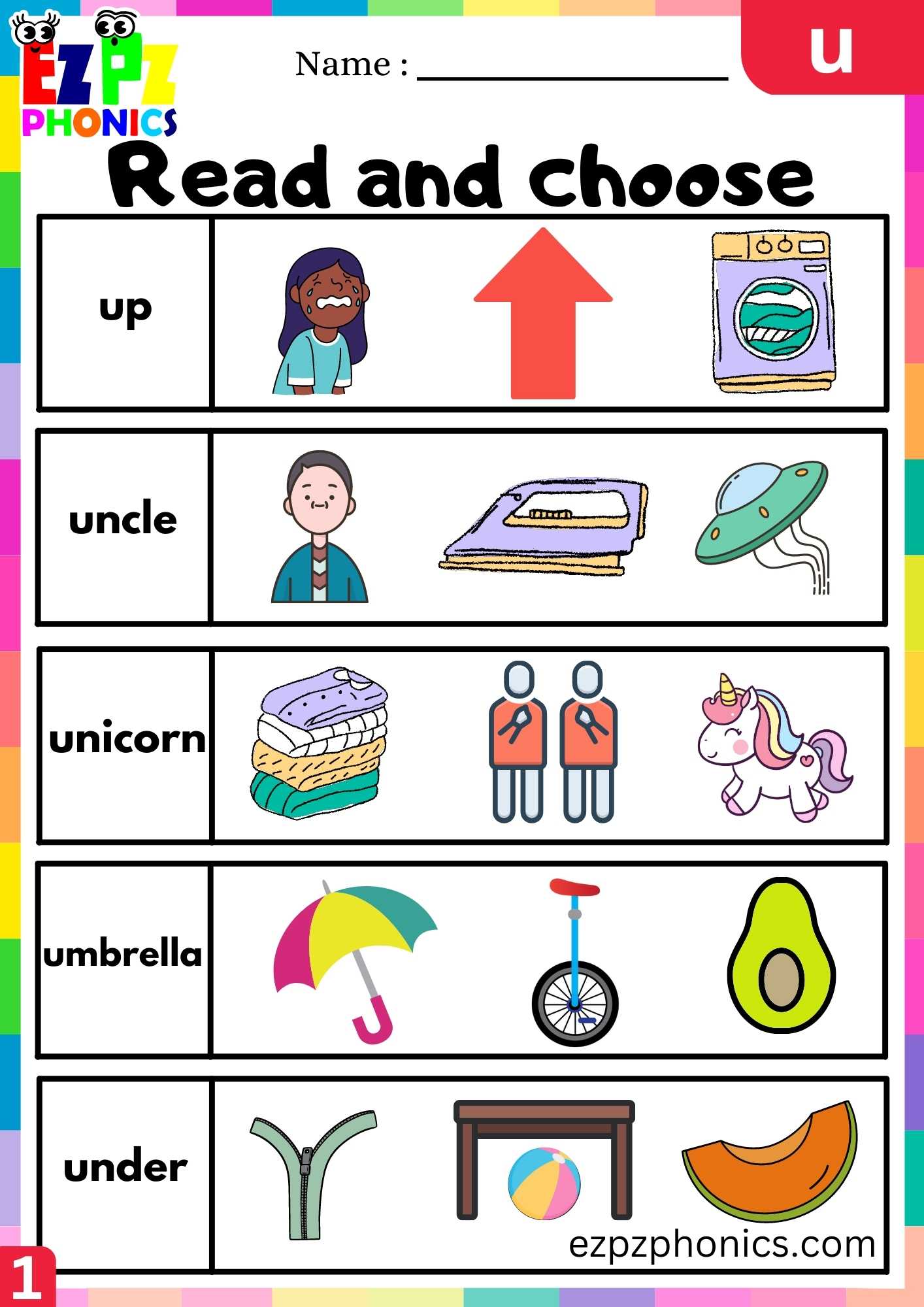 Letter U Read And Choose Beginning Sounds Worksheet - ezpzphonics.com
