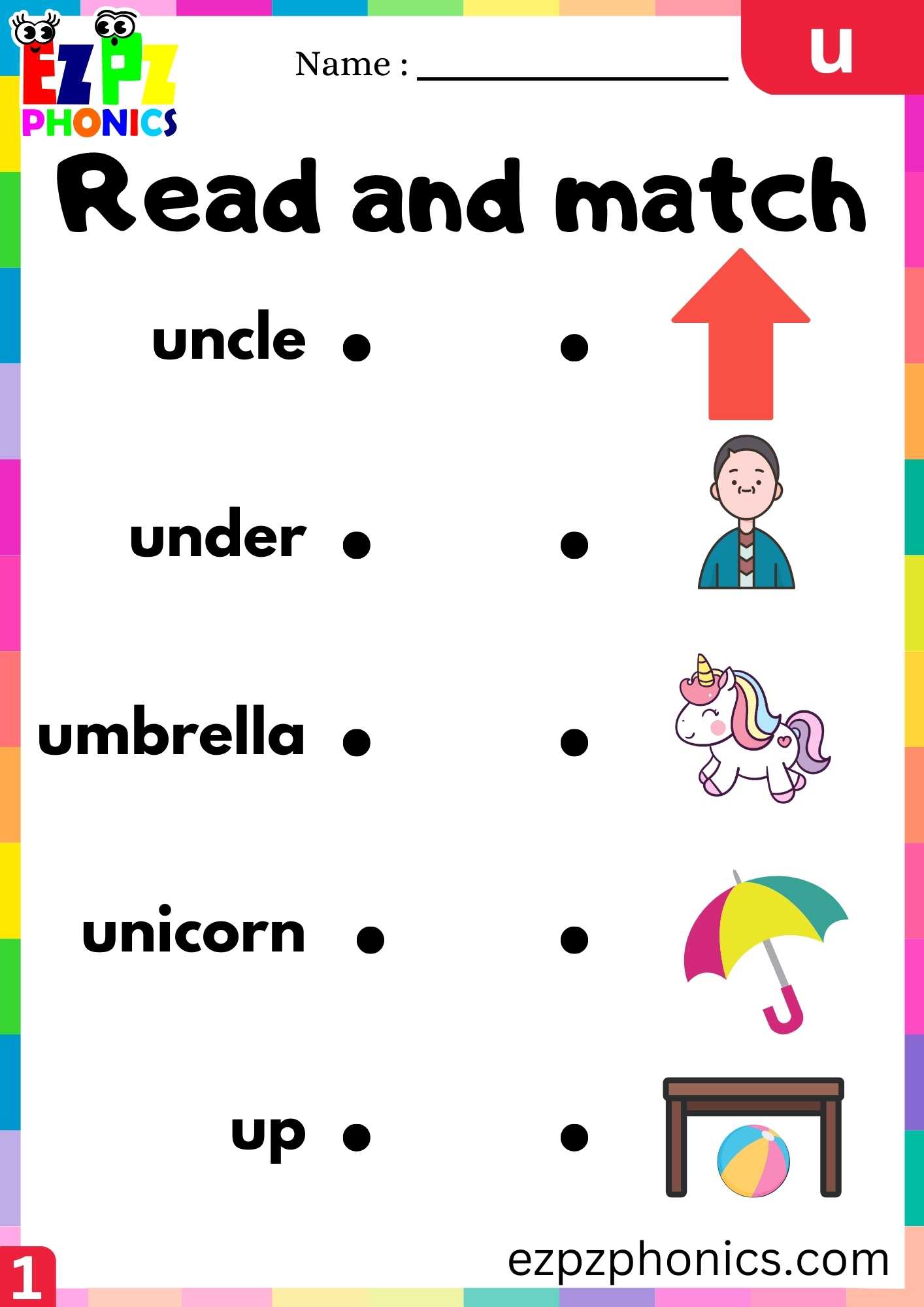 Letter U Read And Match Beginning Sounds Worksheet - ezpzphonics.com