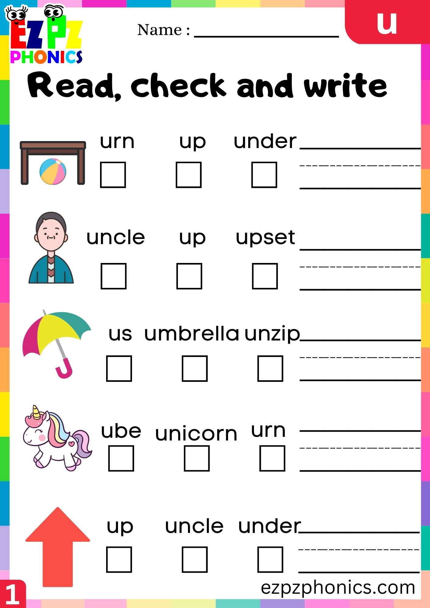 Letter U Read, Check And Write Beginning Sounds Worksheet - ezpzphonics.com