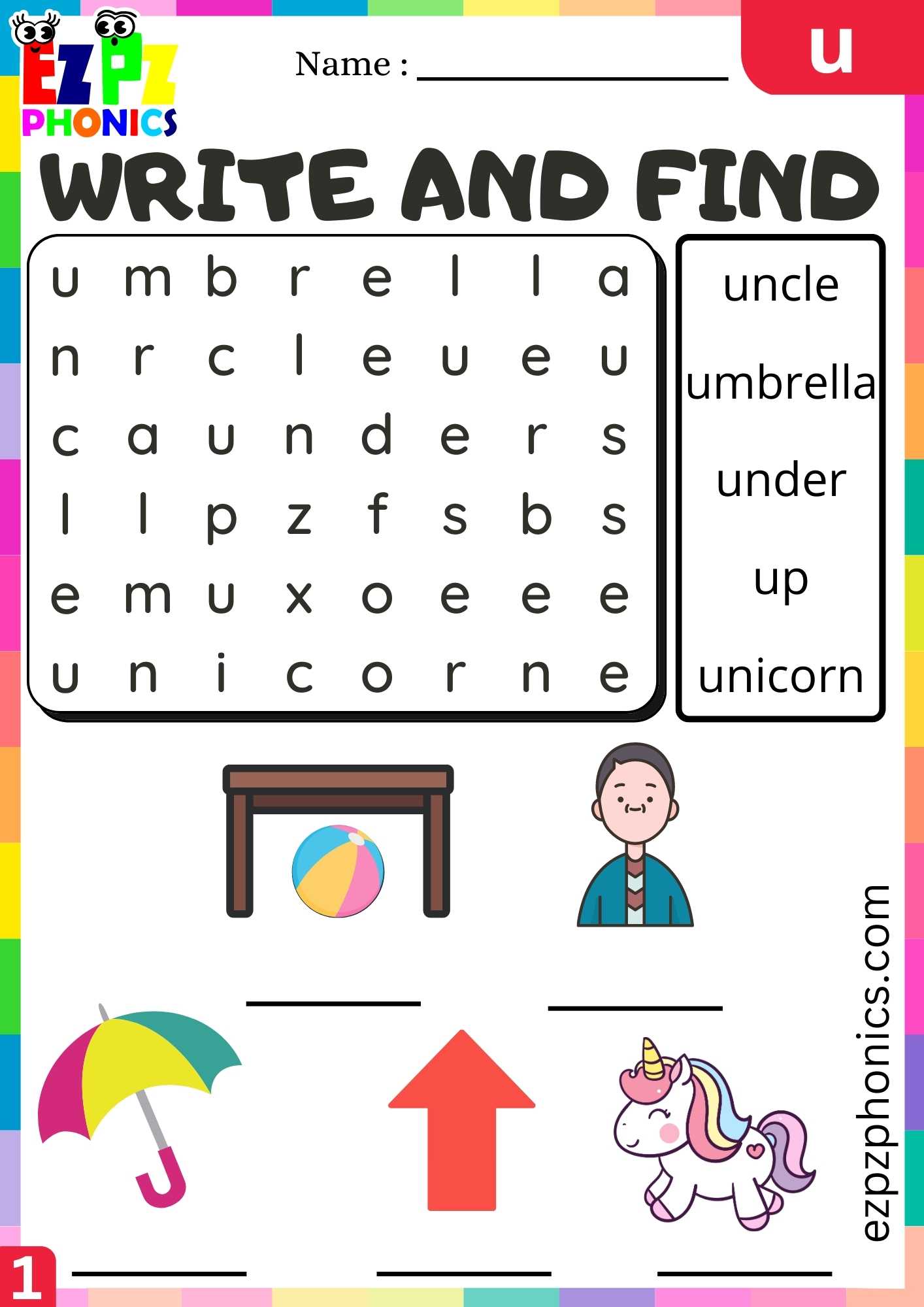 Letter U Write And Find Beginning Sounds Worksheet - ezpzphonics.com