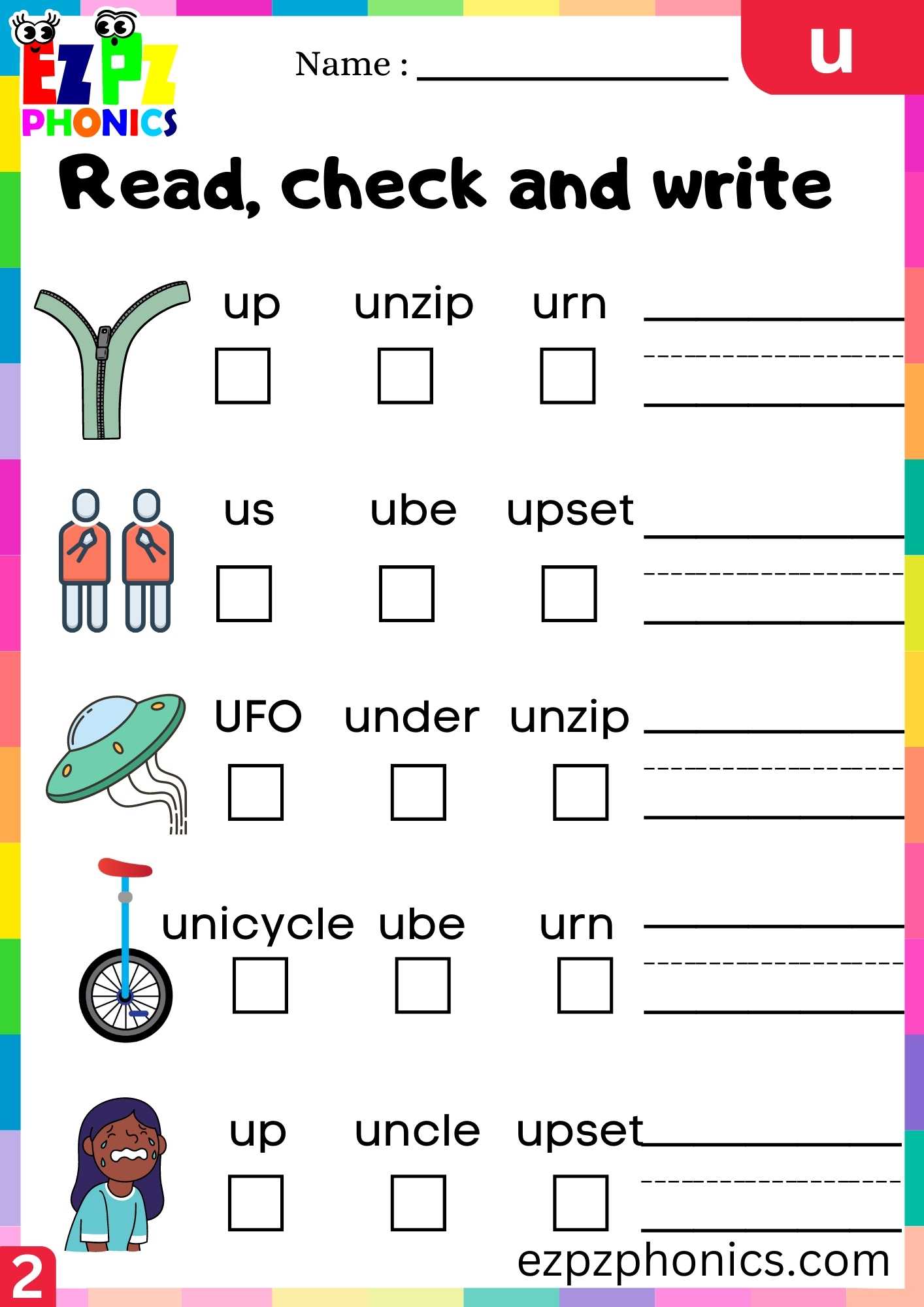 Group2 Letter U Read, Check And Write Beginning Sounds Worksheet ...