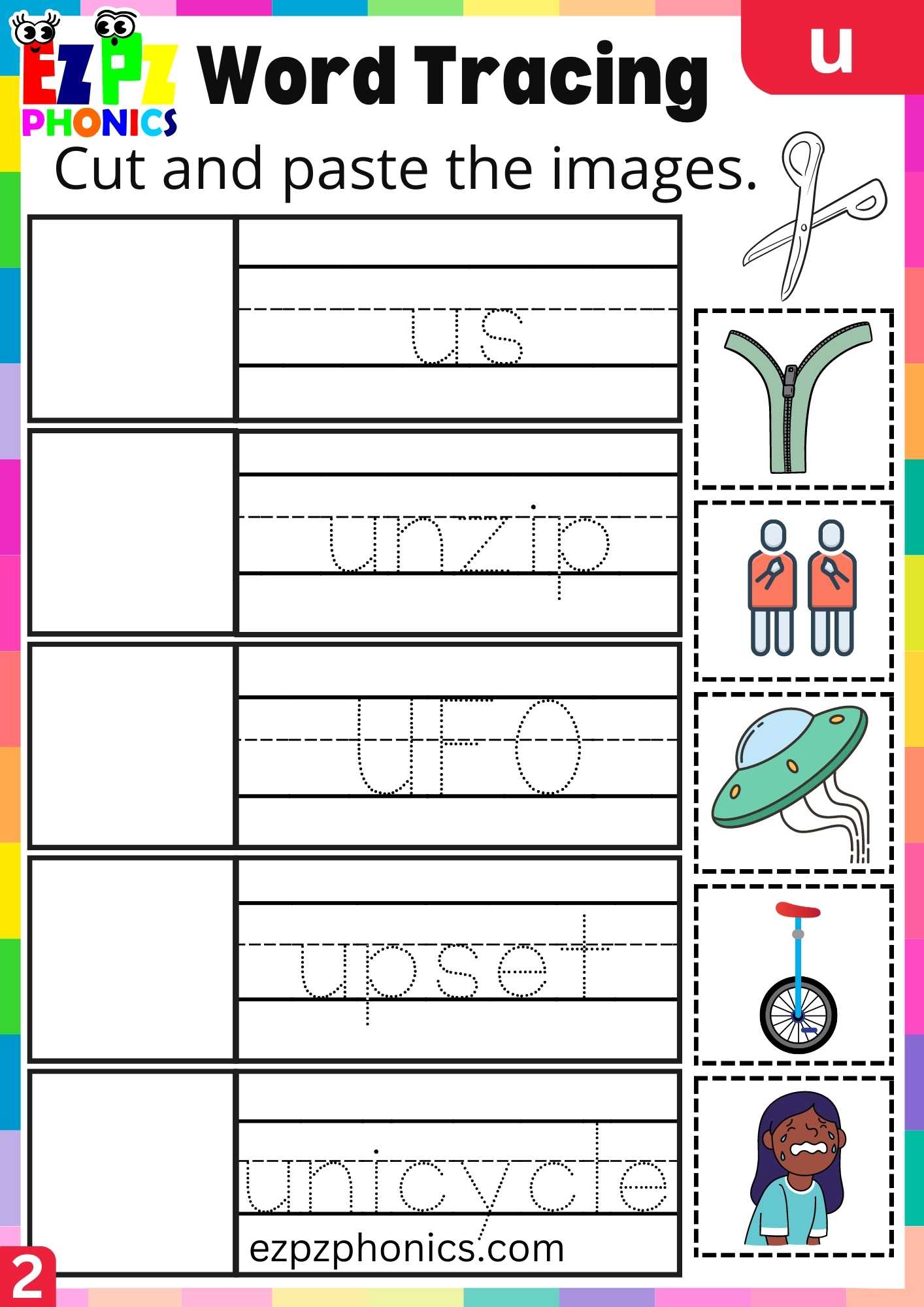 Group2 Letter U Word Tracing Beginning Sounds Worksheet - ezpzphonics.com