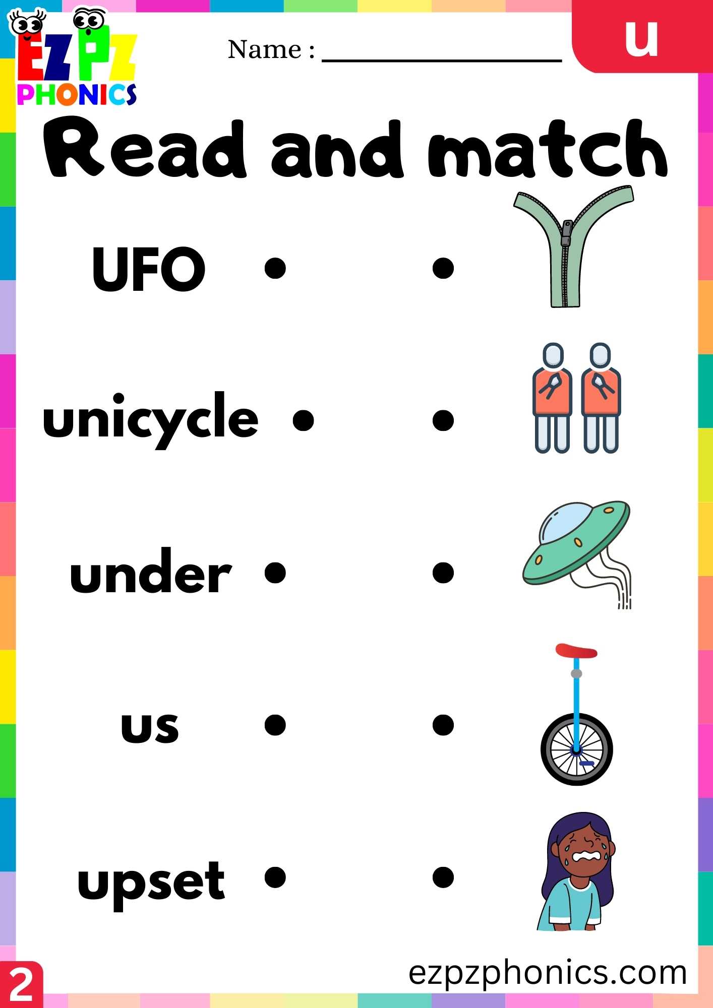 Group2 Letter U Read And Match Beginning Sounds Worksheet - ezpzphonics.com