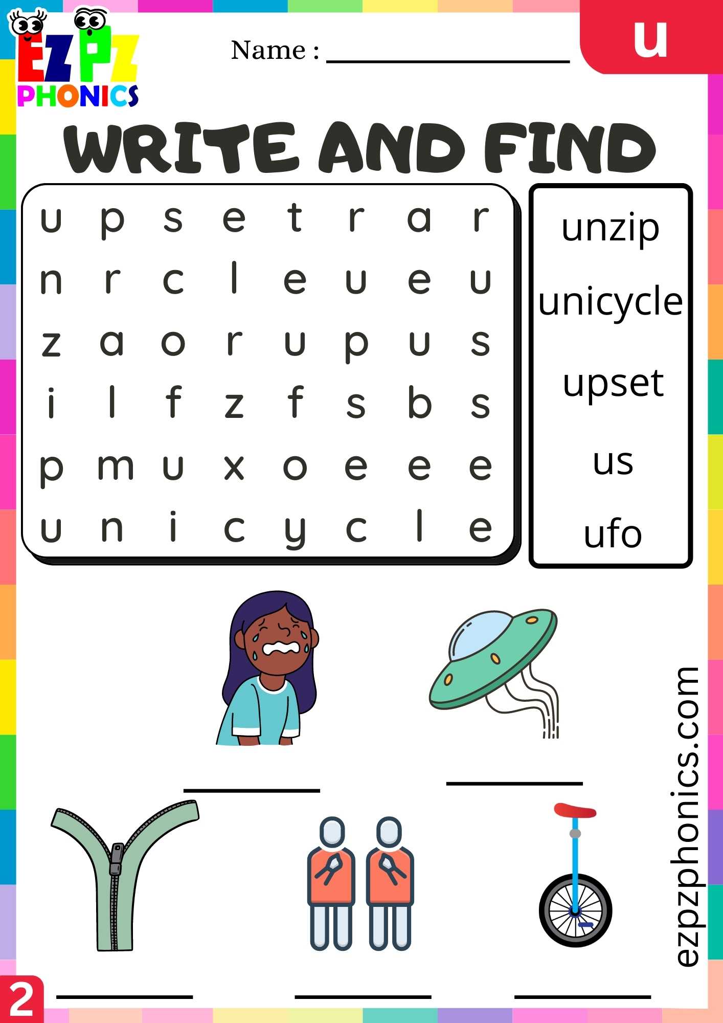 Group2 Letter U Write And Find Beginning Sounds Worksheet - ezpzphonics.com