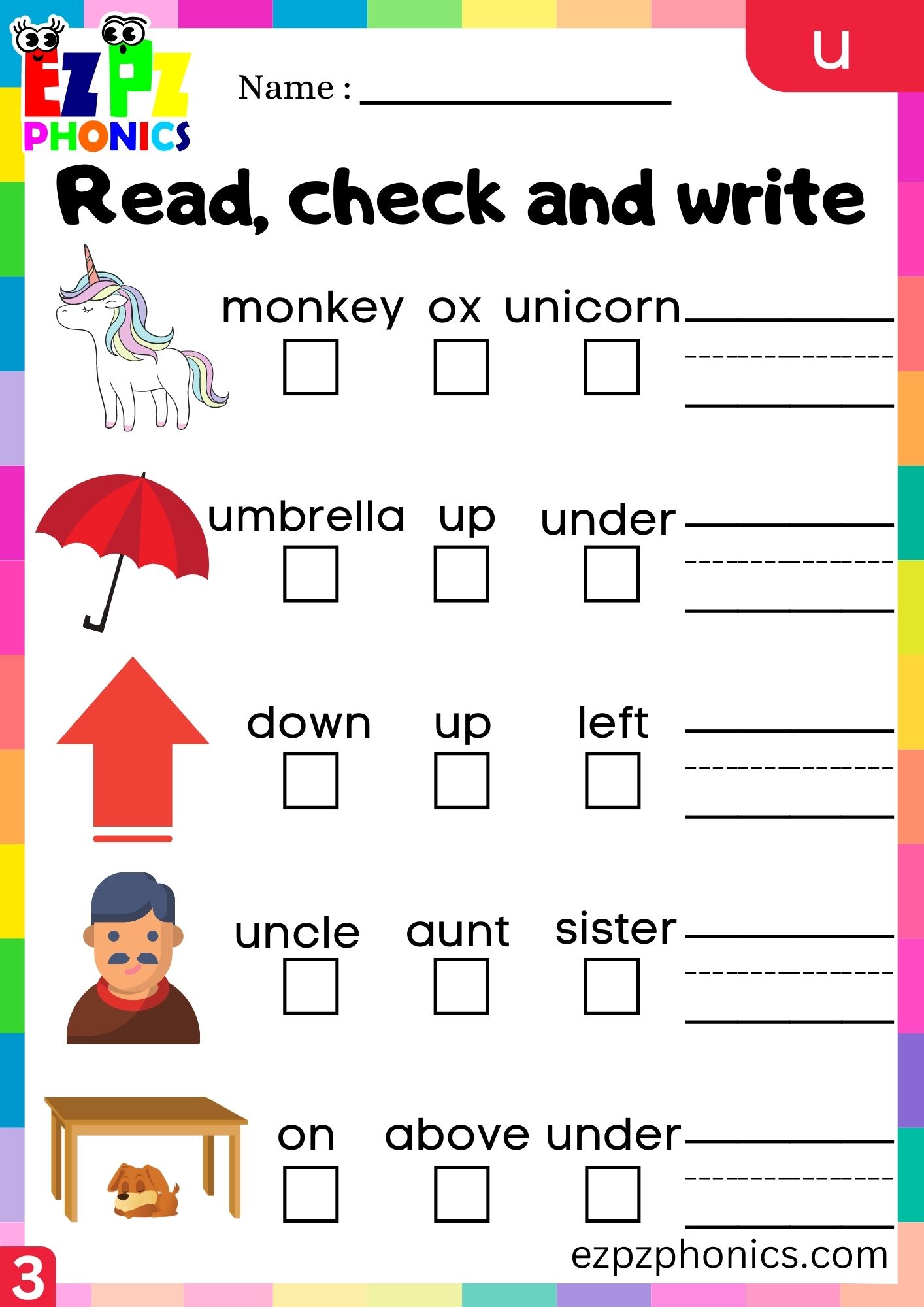Letter u Read Check and Write the Words Phonics Activity Group 3 ...