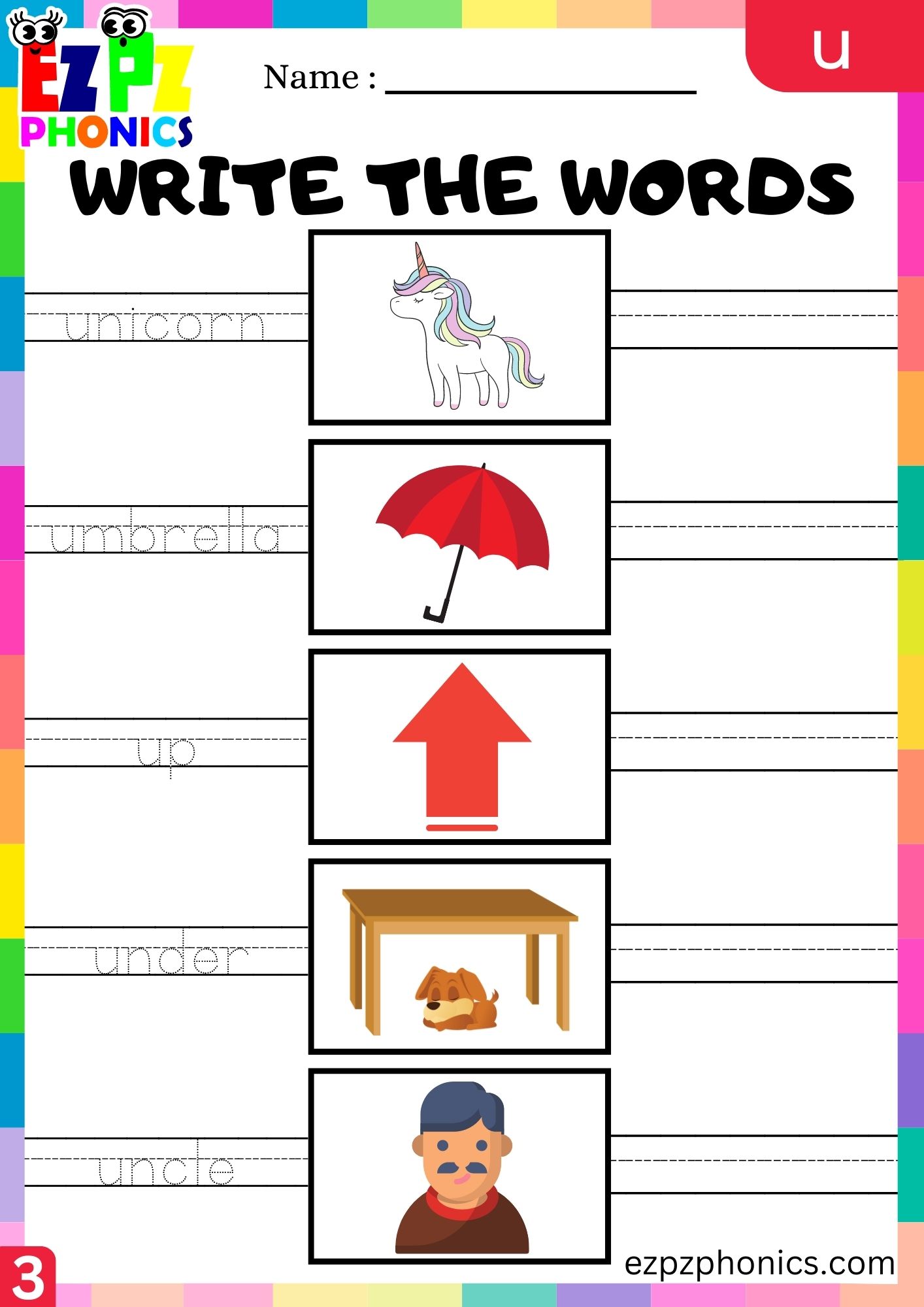 Letter u Write the Words Phonics Activity Group 3 - ezpzphonics.com