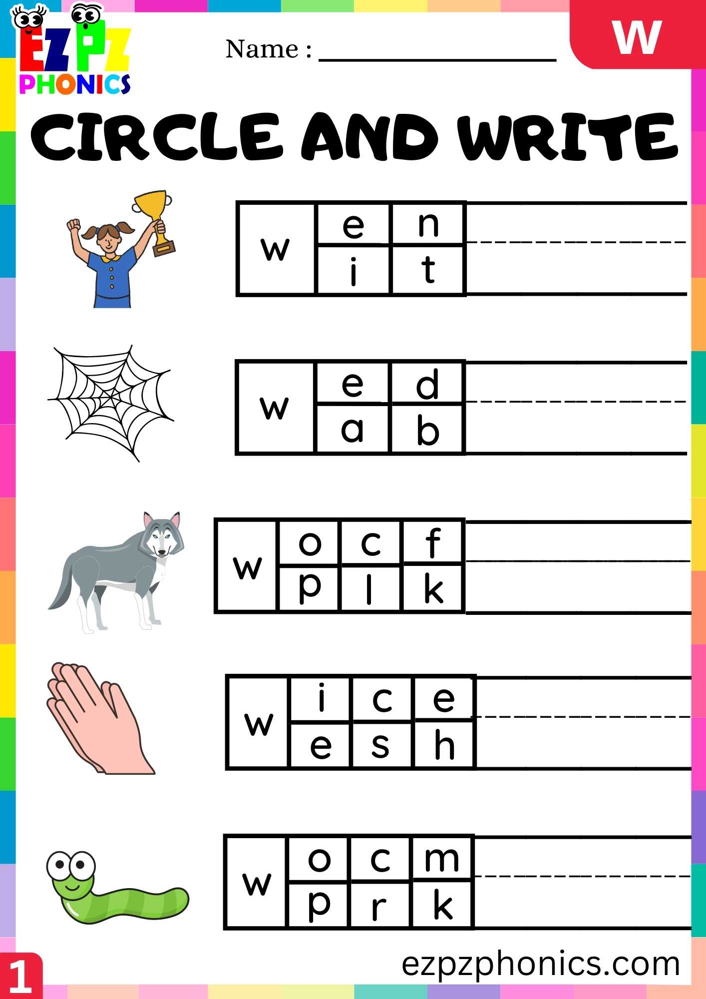 Letter W Circle And Write Beginning Sounds Worksheet - ezpzphonics.com