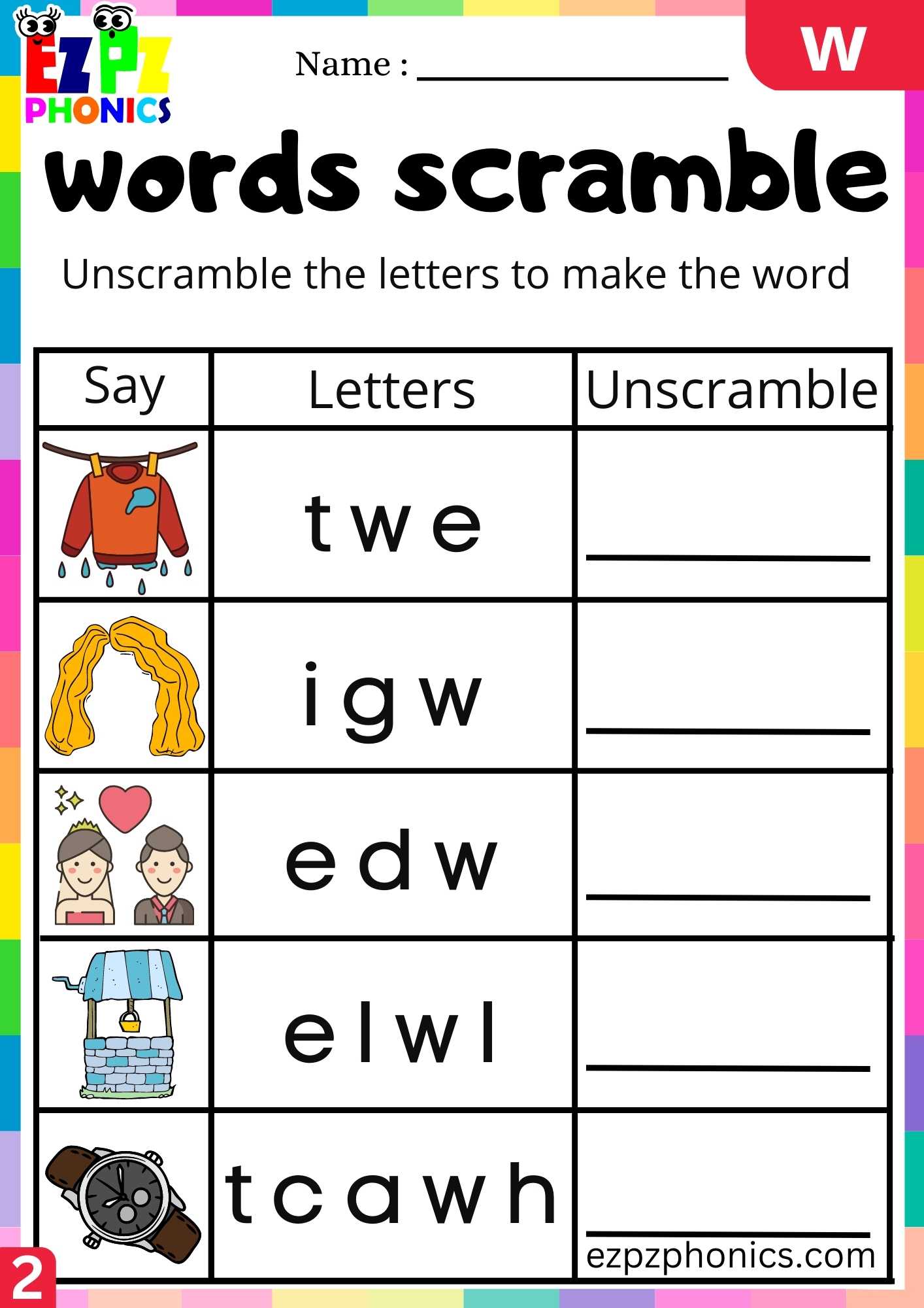 Group2 Letter W Words Scramble Beginning Sounds Worksheet - ezpzphonics.com