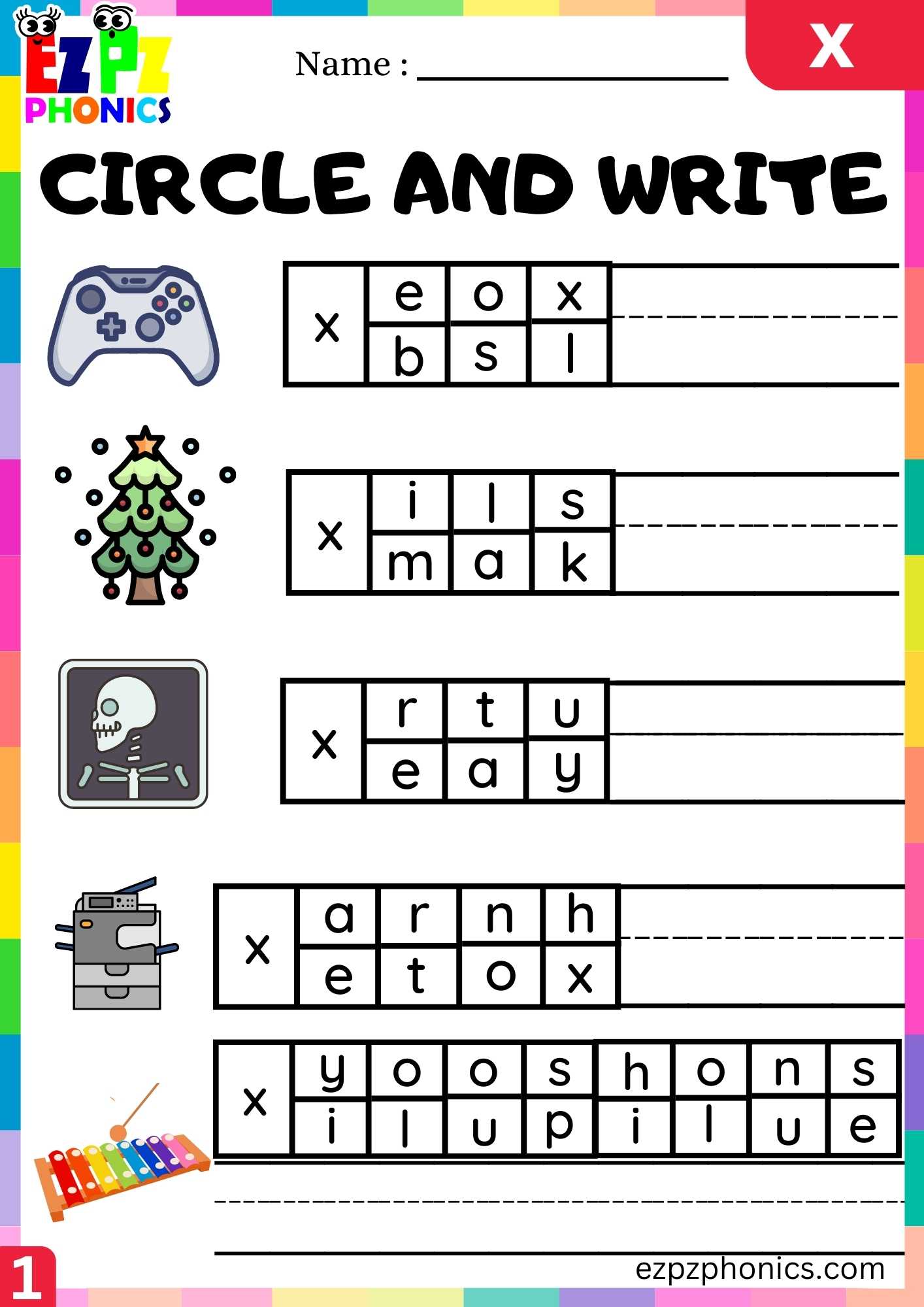 Letter X Circle And Write Beginning Sounds Worksheet - ezpzphonics.com