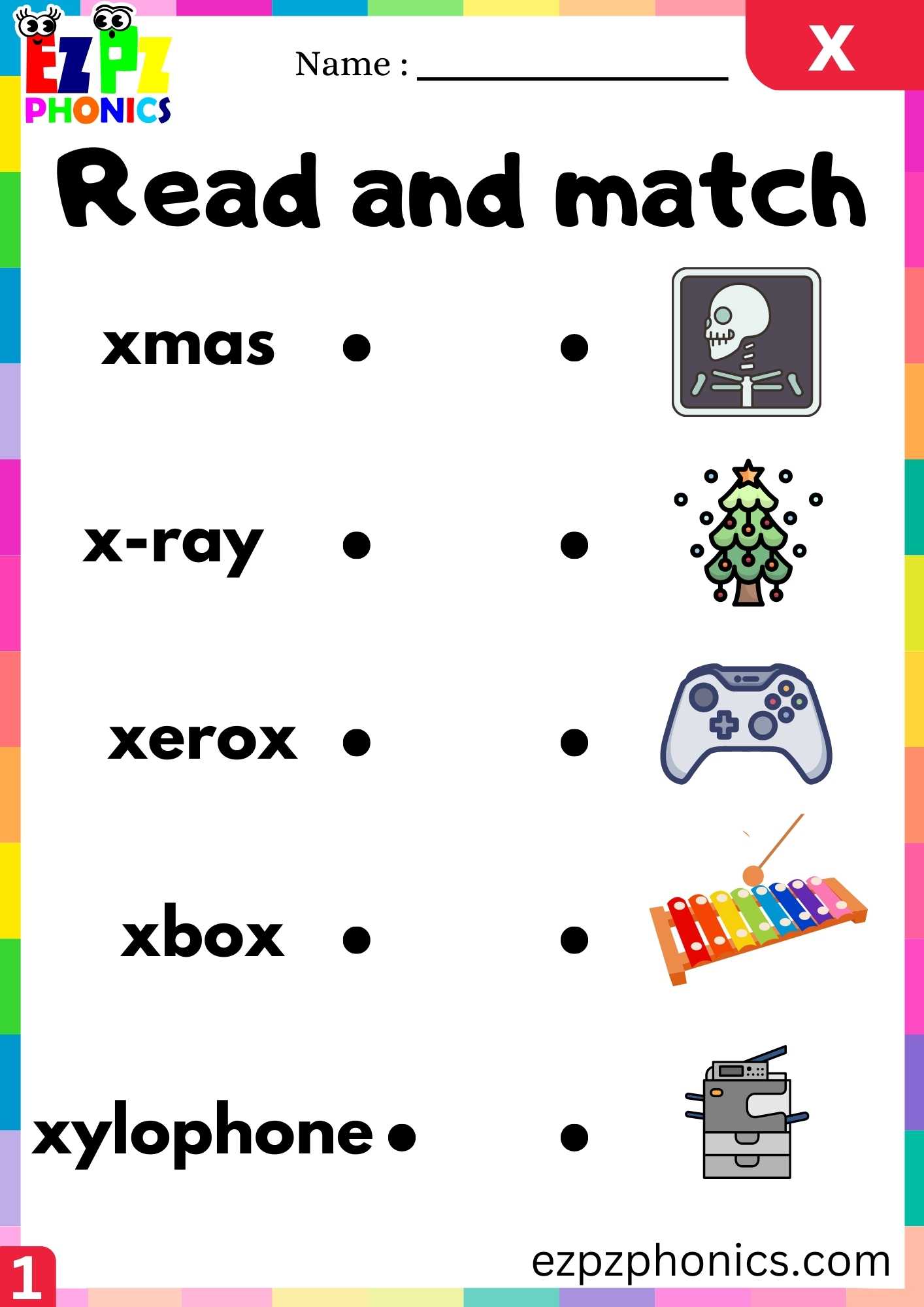 Letter X Read And Match Beginning Sounds Worksheet - ezpzphonics.com