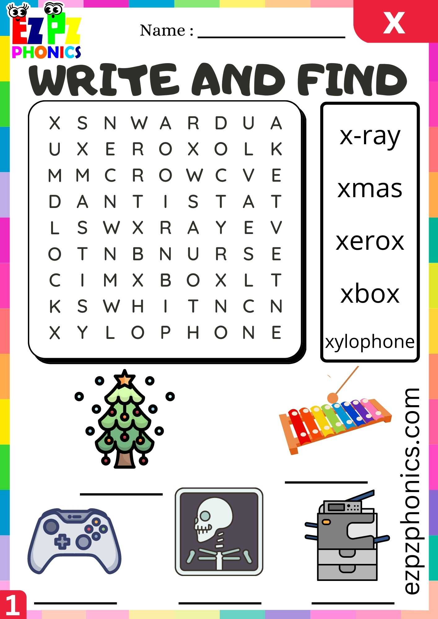 Letter X Write And Find Beginning Sounds Worksheet - ezpzphonics.com