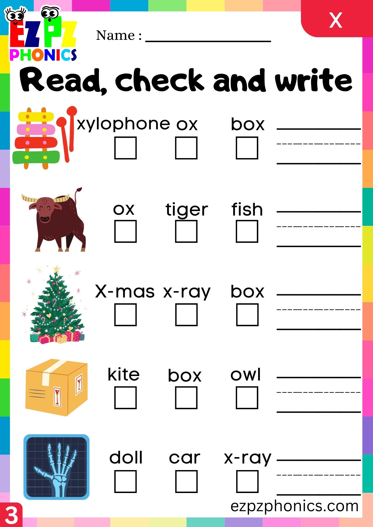 Letter x Read Check and Write the Words Group 3 - ezpzphonics.com