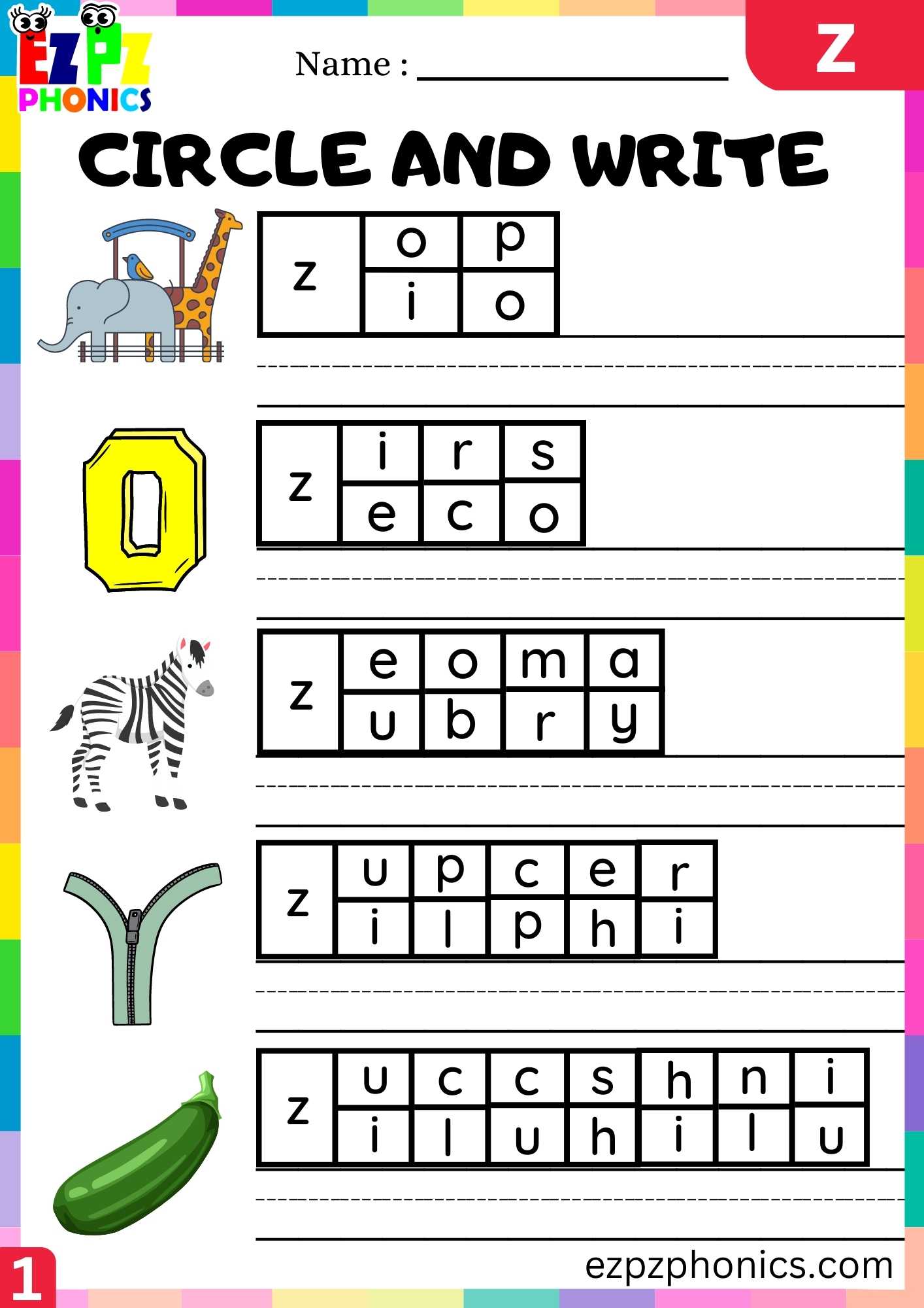 Letter Z Circle And Write Beginning Sounds Worksheet - ezpzphonics.com