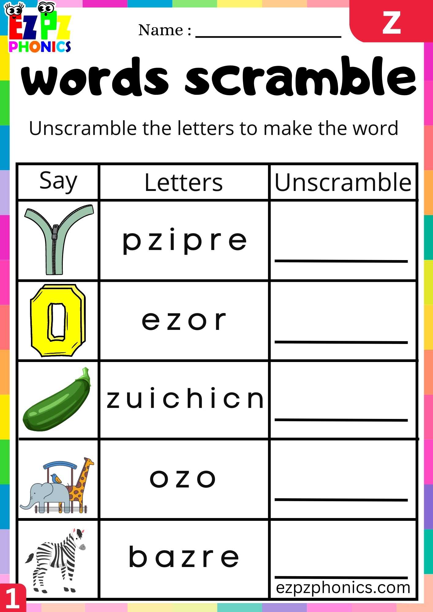 Letter Z Words Scramble Beginning Sounds Worksheet - ezpzphonics.com