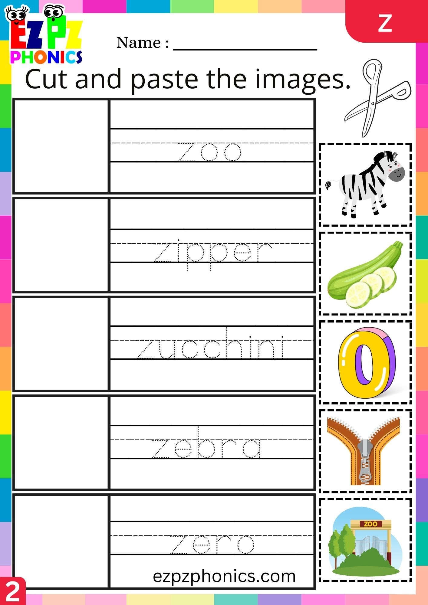 Letter z Cut and Paste the Images and Write the Words Group 2 ...
