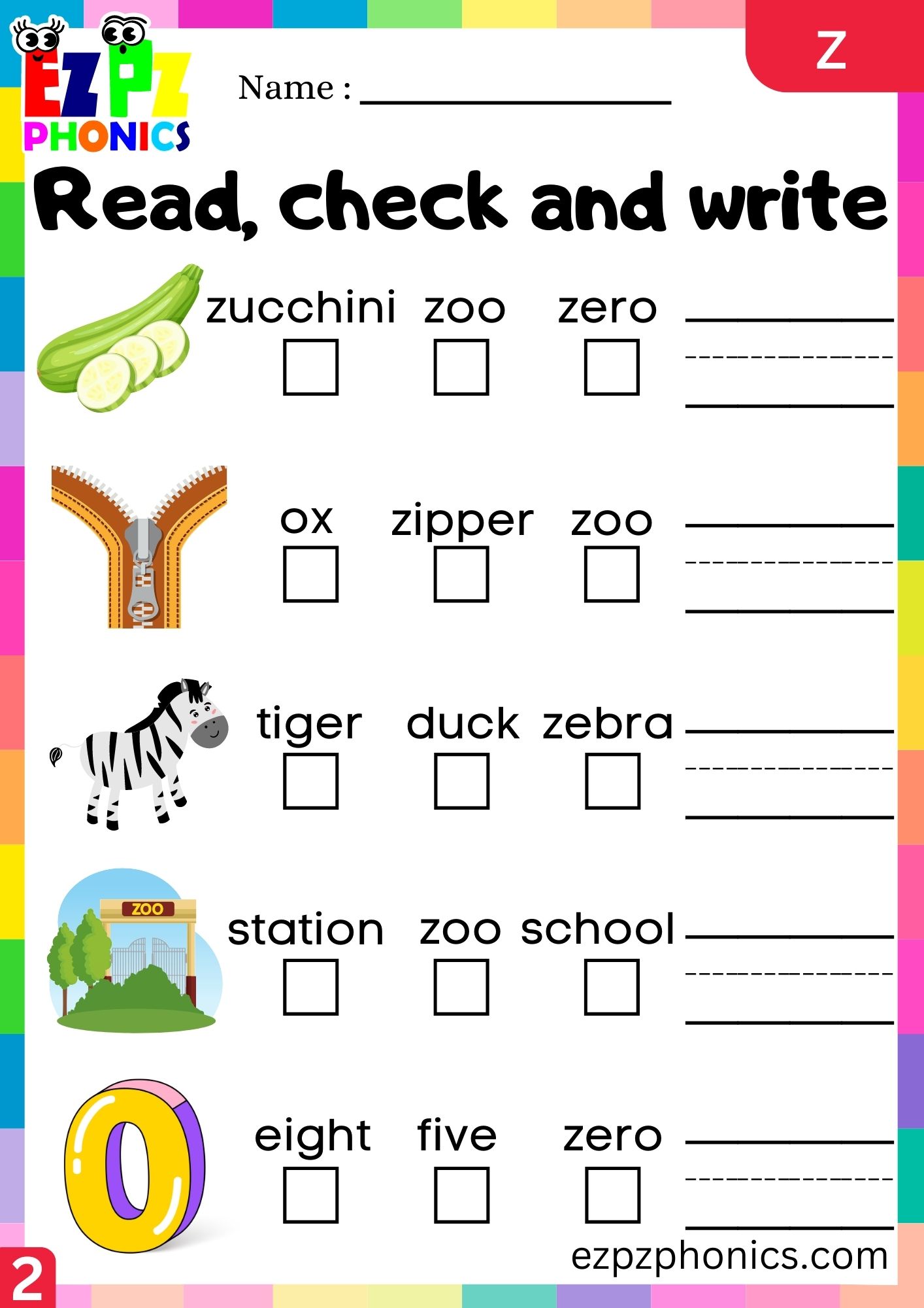 Letter z Read Check and Write the Words Group 2 - ezpzphonics.com